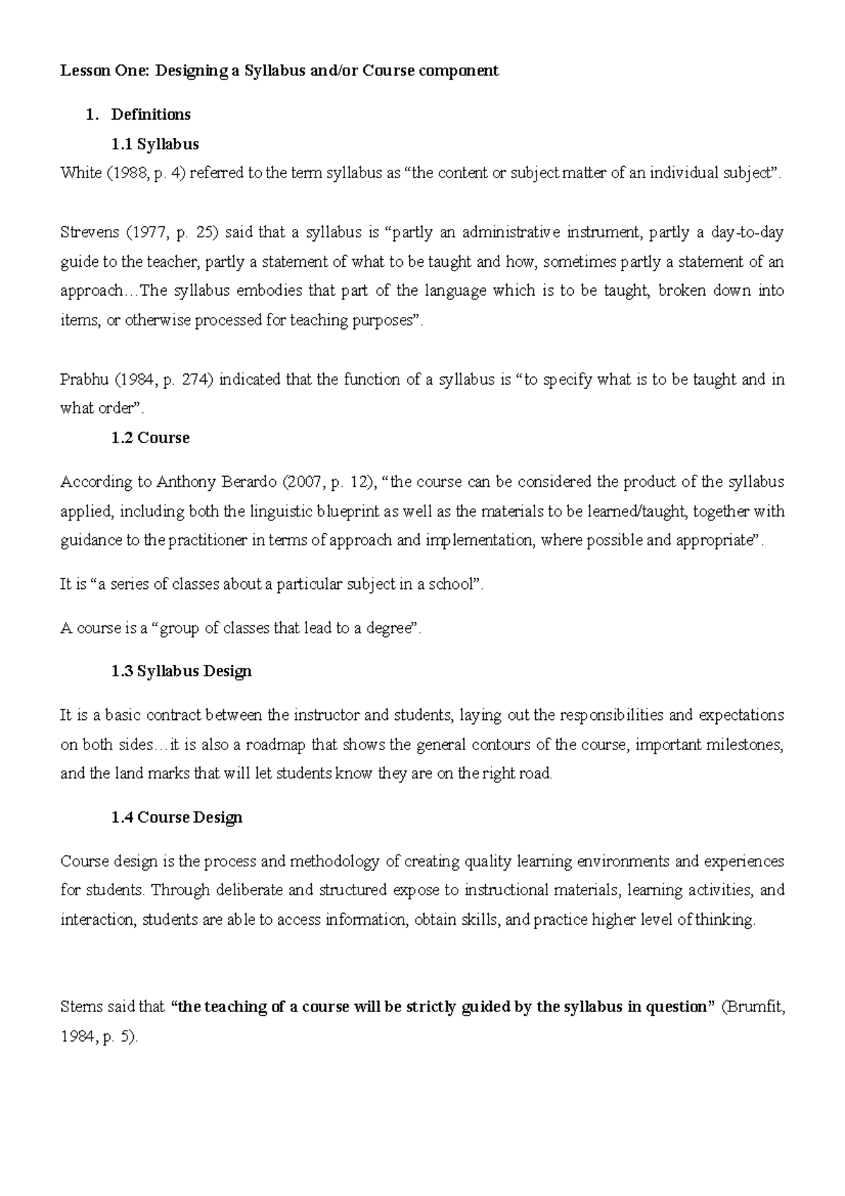 Lesson one Designing a Syllabus andor Course component - Lesson One ...