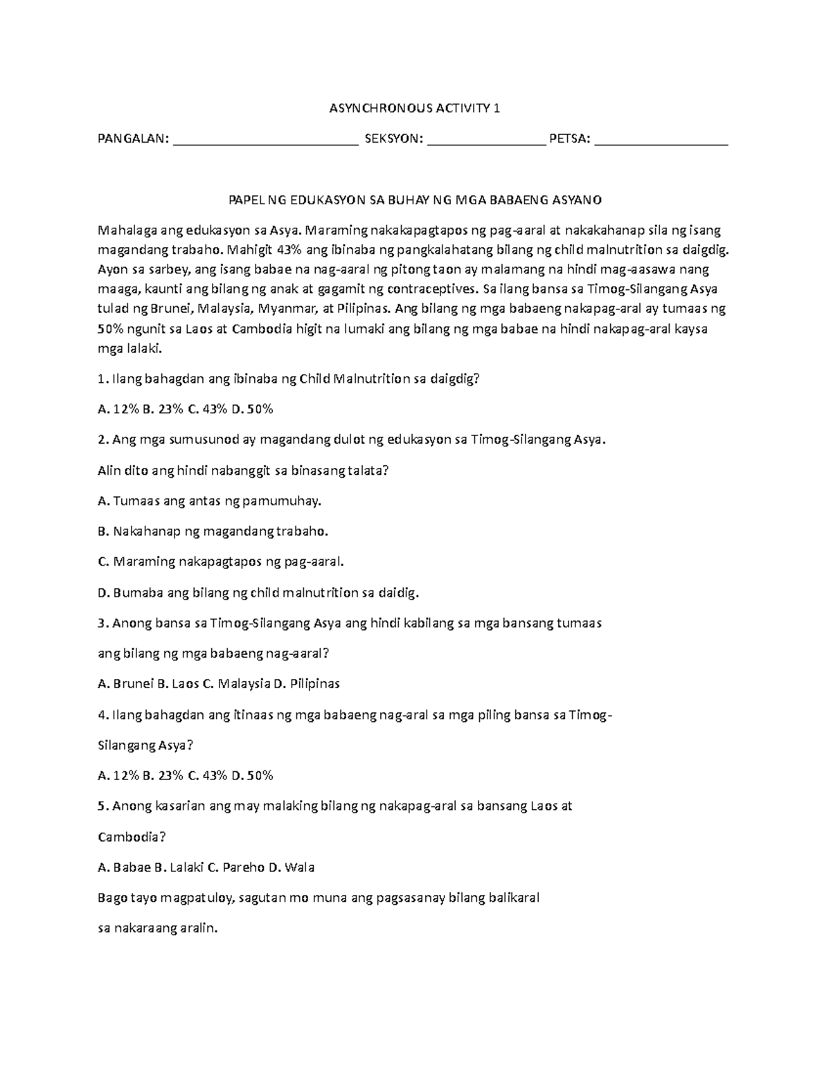 Asynchronous Activity 1 - ASYNCHRONOUS ACTIVITY 1 PANGALAN: _________________________ SEKSYON ...