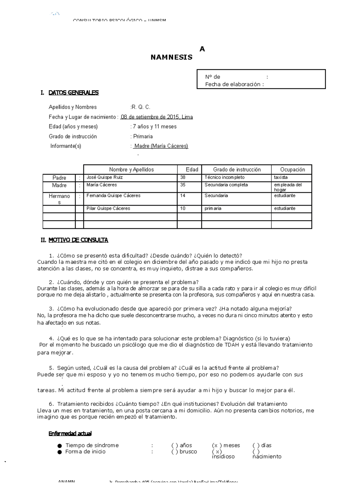 Formato DE Anamnesis hab - A NAMNESIS I. DATOS GENERALES ...