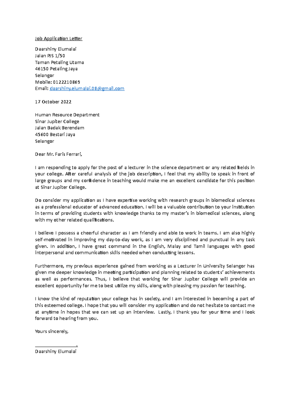 Job Application Letter - Job Application Letter Daarshiny Elumalai ...