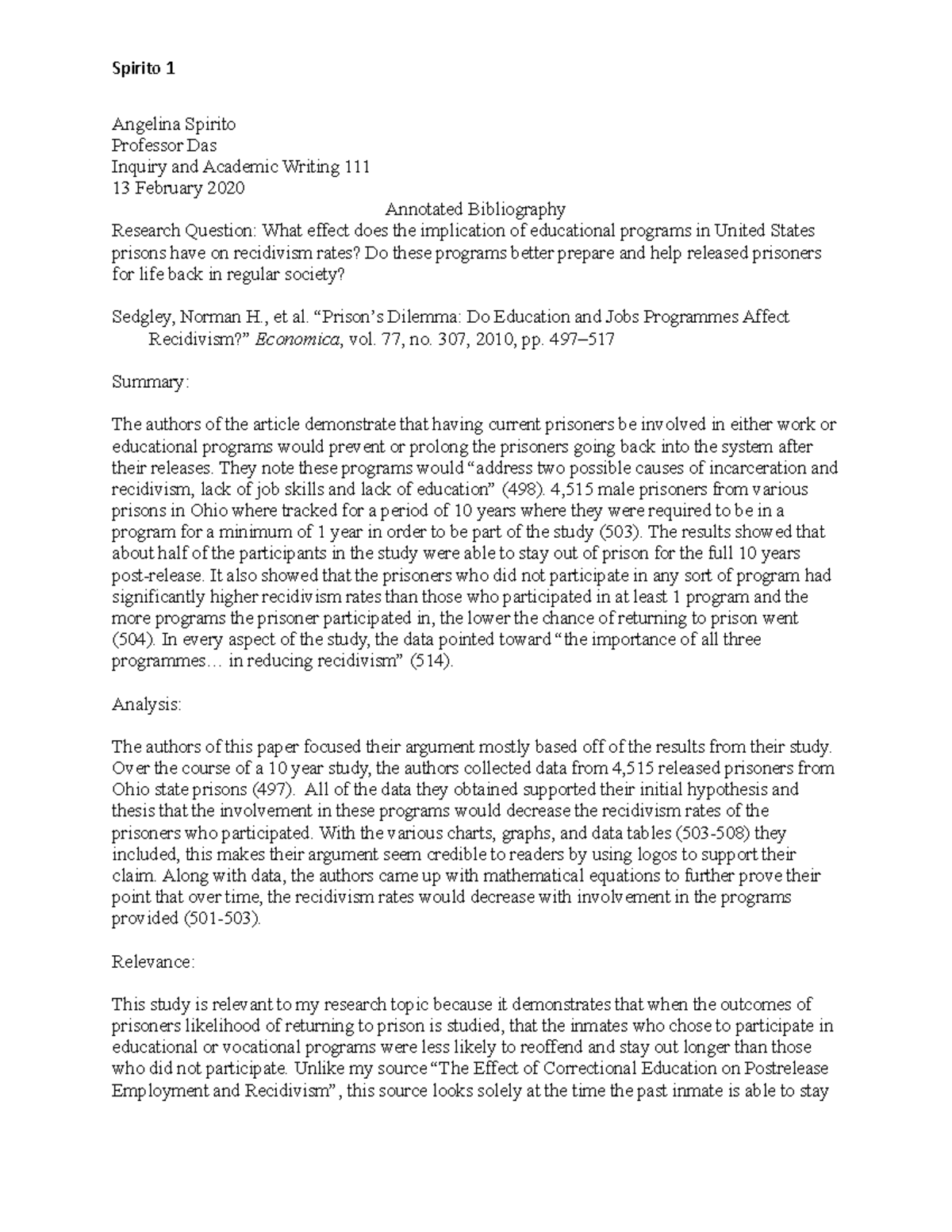 Annotated bibliography - Angelina Spirito Professor Das Inquiry and ...