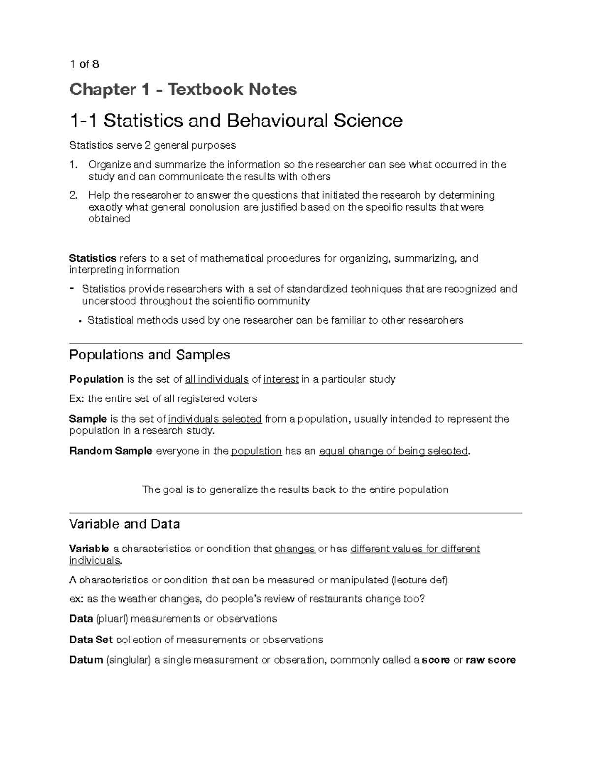 Stat chap 1 textbook notesnotes - Chapter 1 - Textbook Notes 1-1 ...