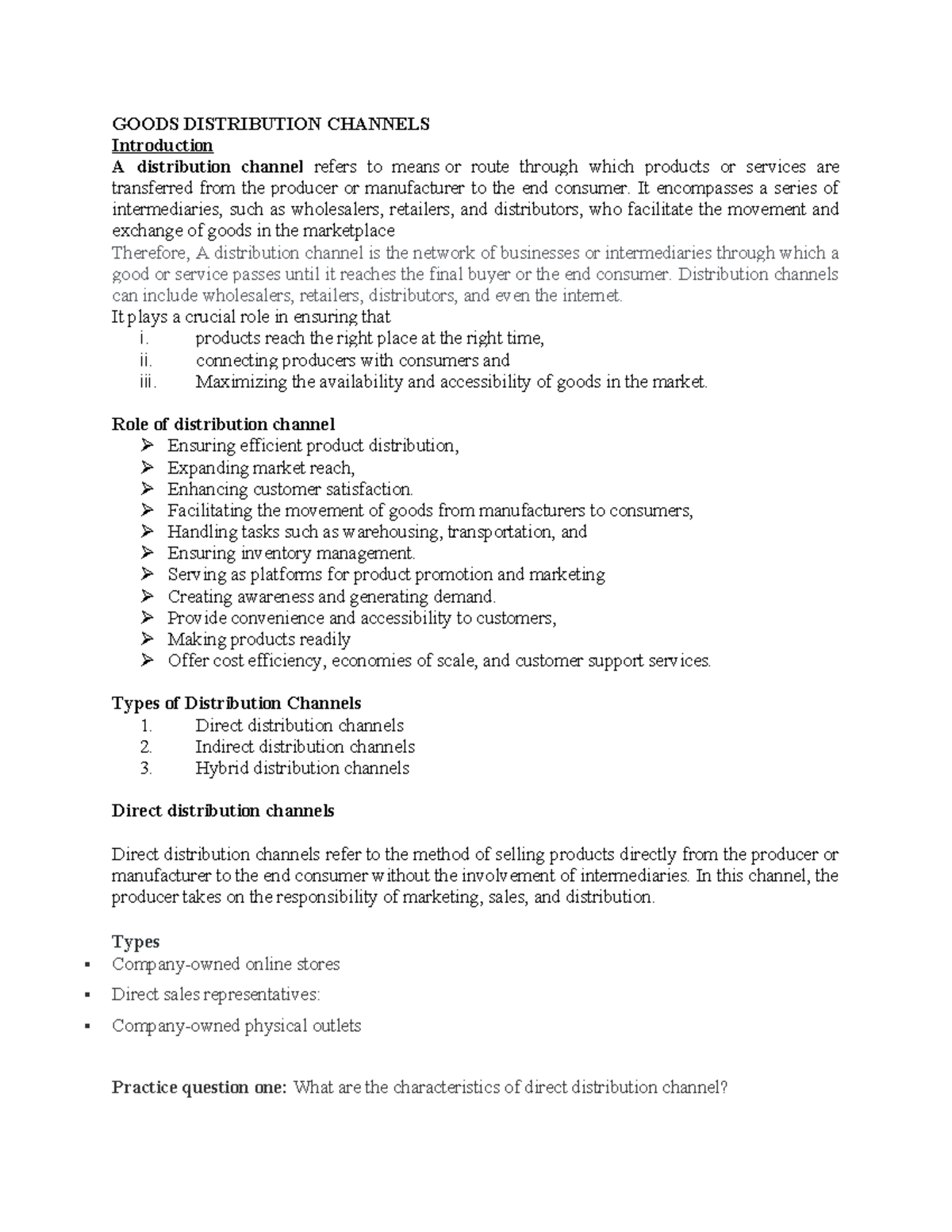 Goods Distribution Channels - GOODS DISTRIBUTION CHANNELS Introduction ...