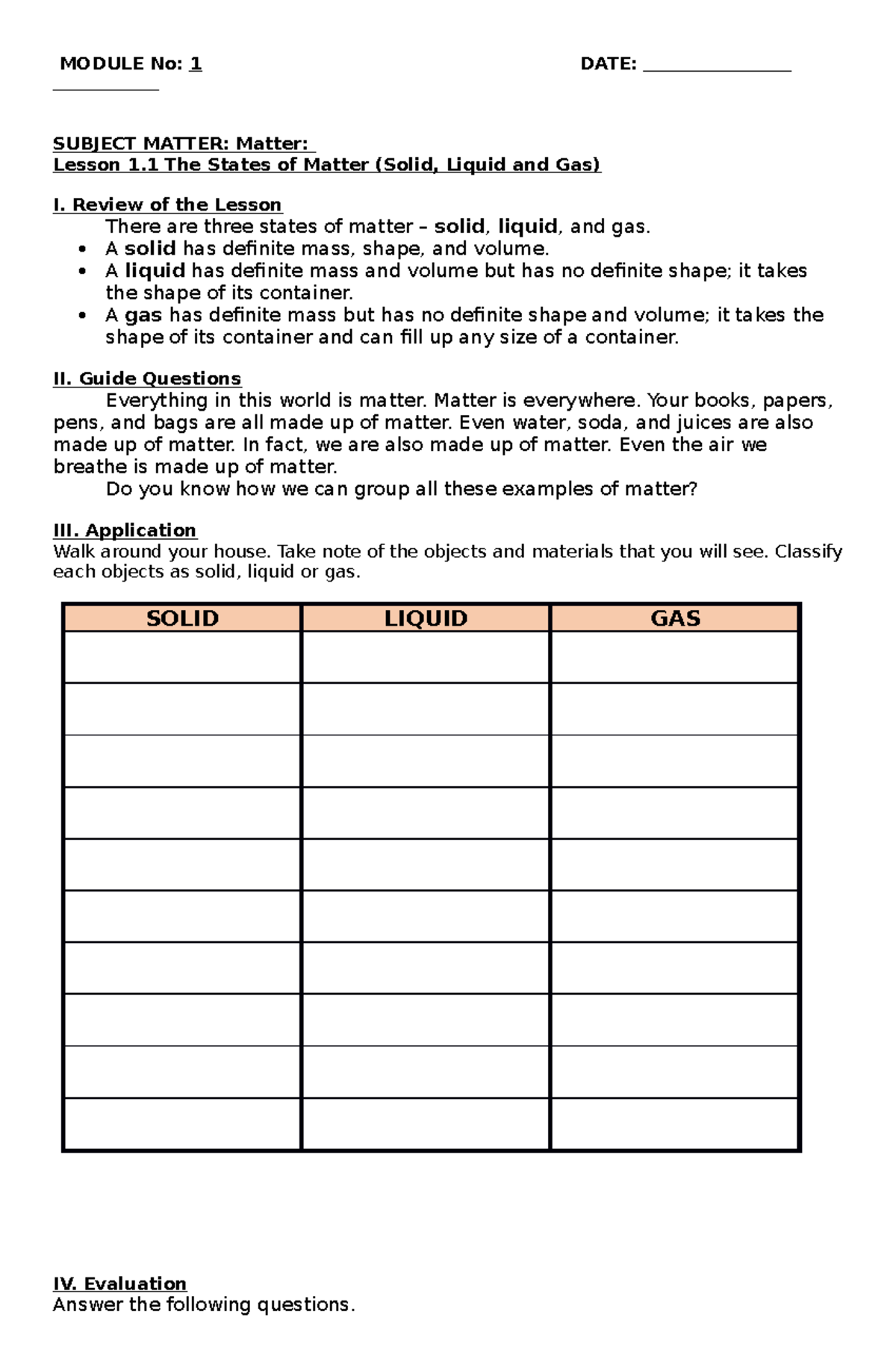 SCIENCE 3 MODULE LEARNING MATERIAL - MODULE No: 1 DATE: SUBJECT MATTER ...