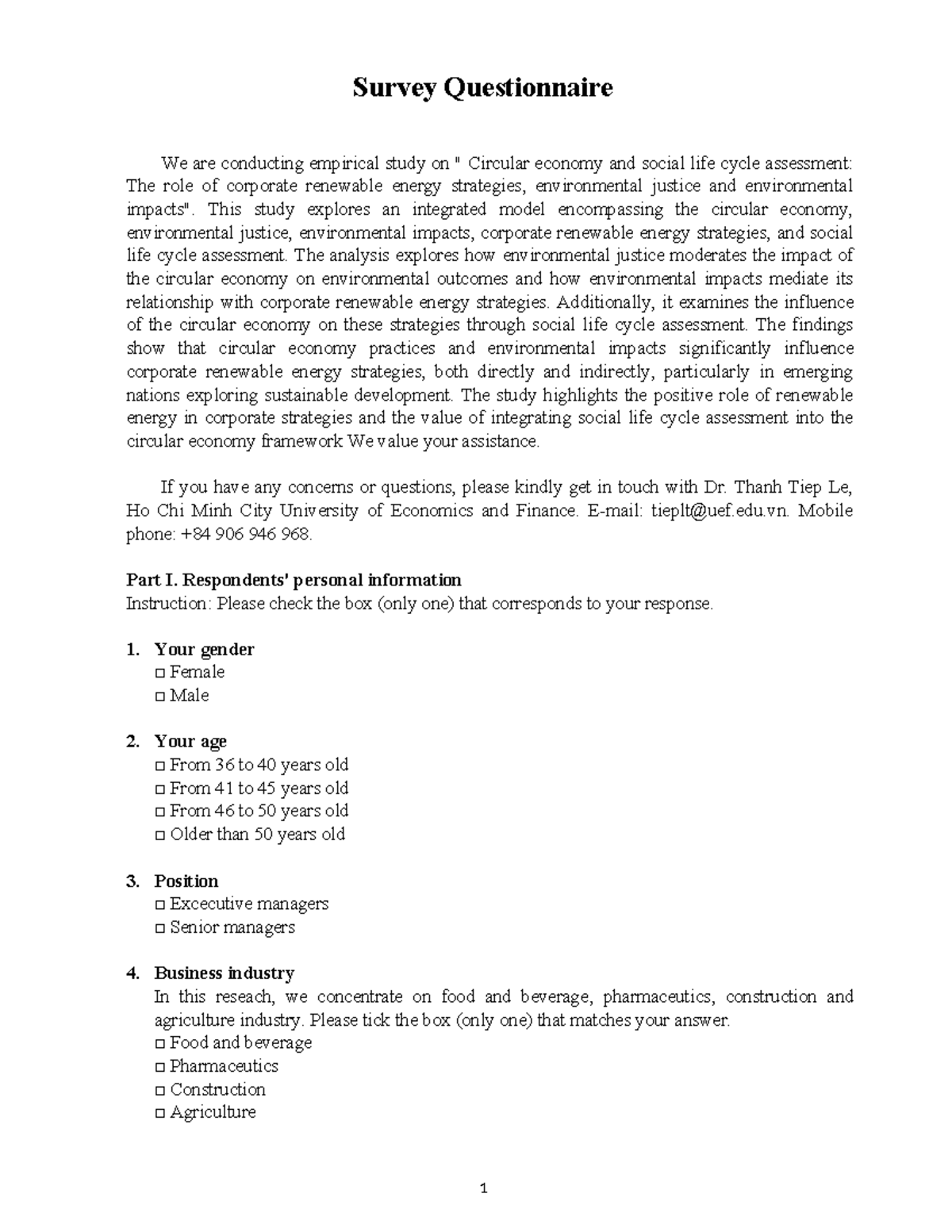 Appendices Questionnaire for survey - Survey Questionnaire We are ...