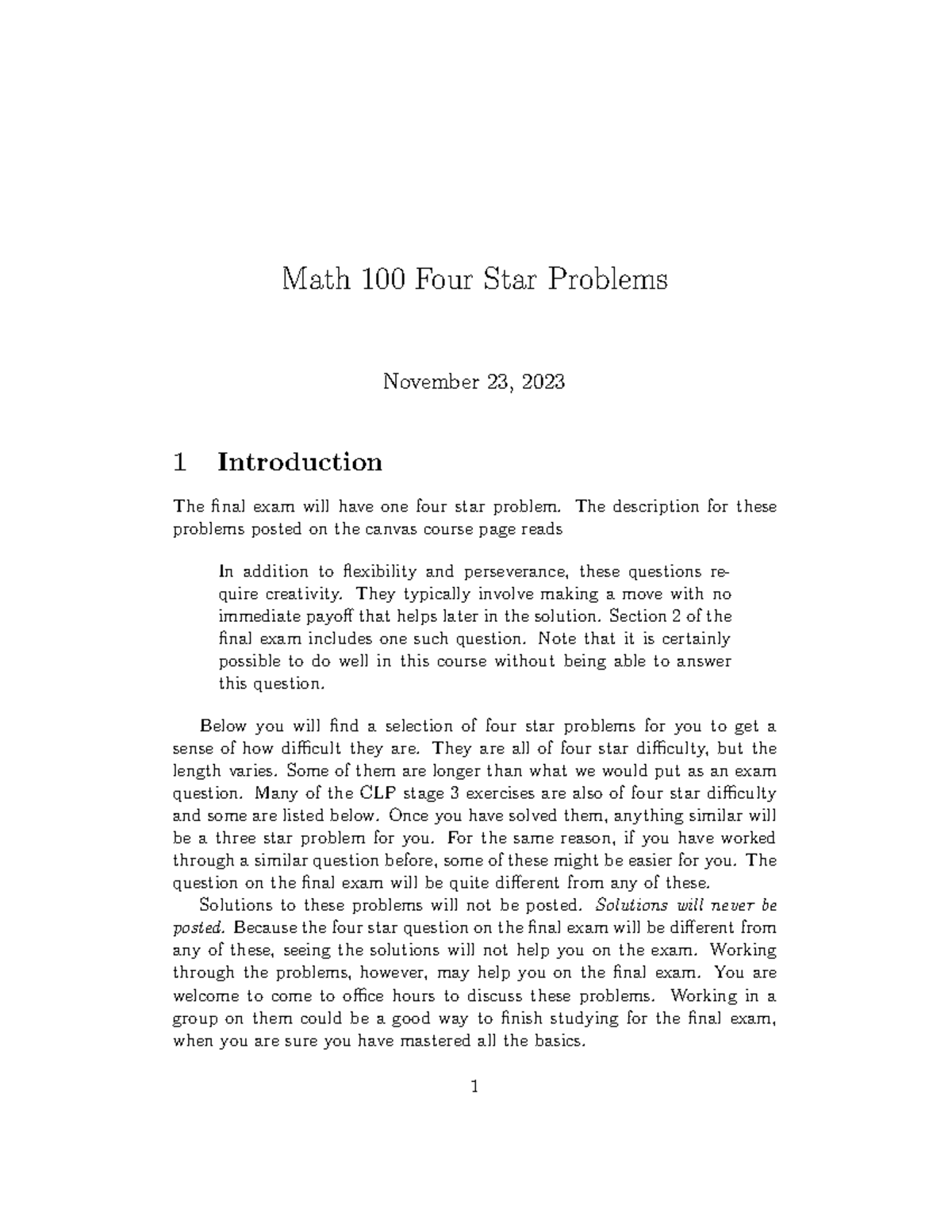 Four Star Problems - Math 100 Four Star Problems November 23, 2023 1 ...