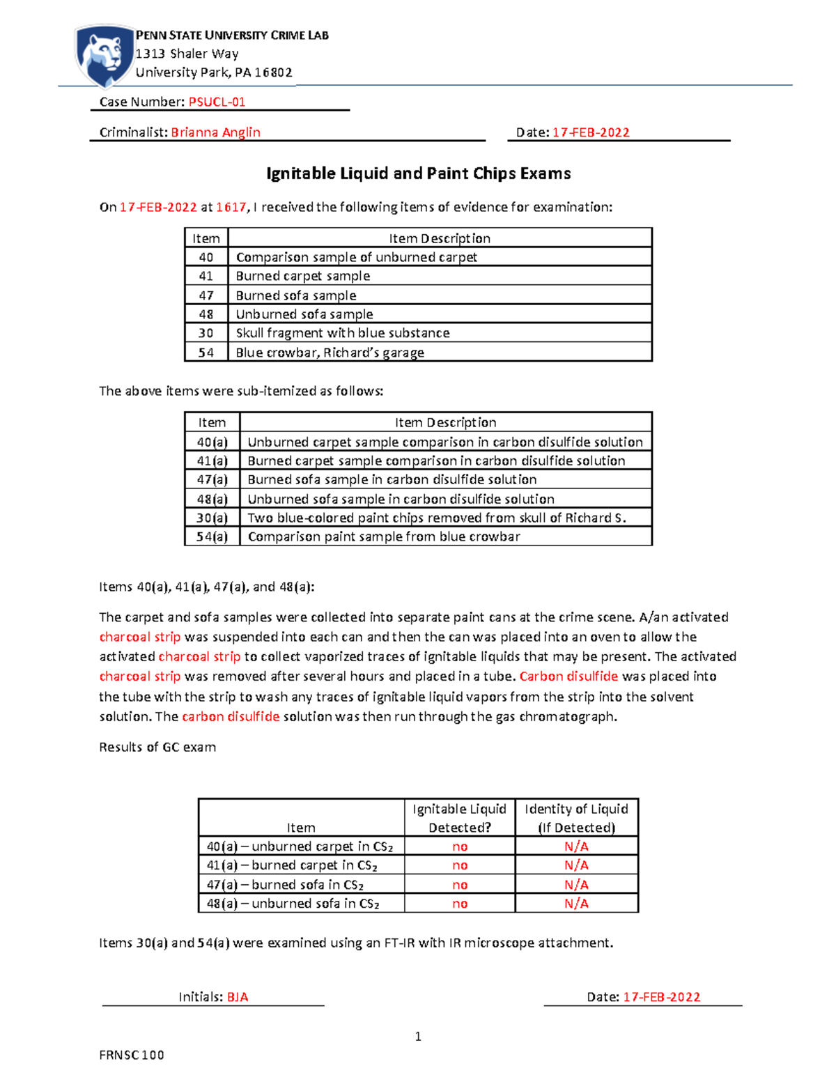 Case Notes - Ignitable Liquids and Paint Chips - PENN STATE UNIVERSITY ...