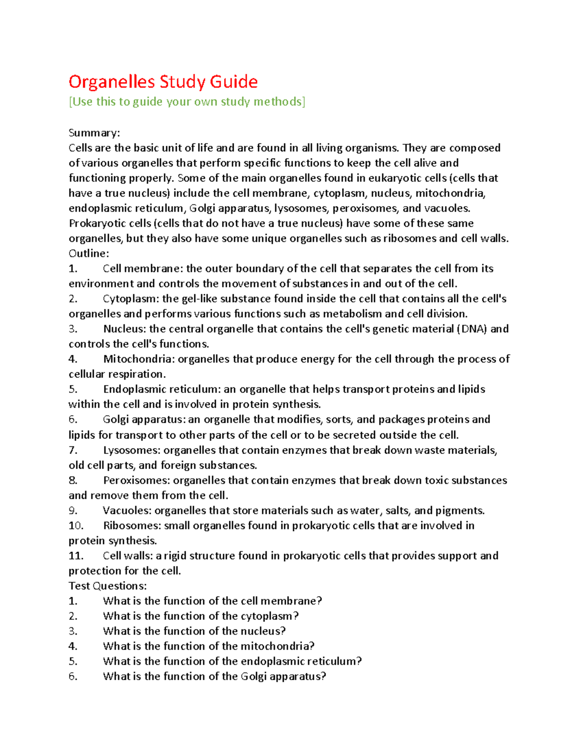 Organelles Study Guide - Organelles Study Guide [Use this to guide your ...