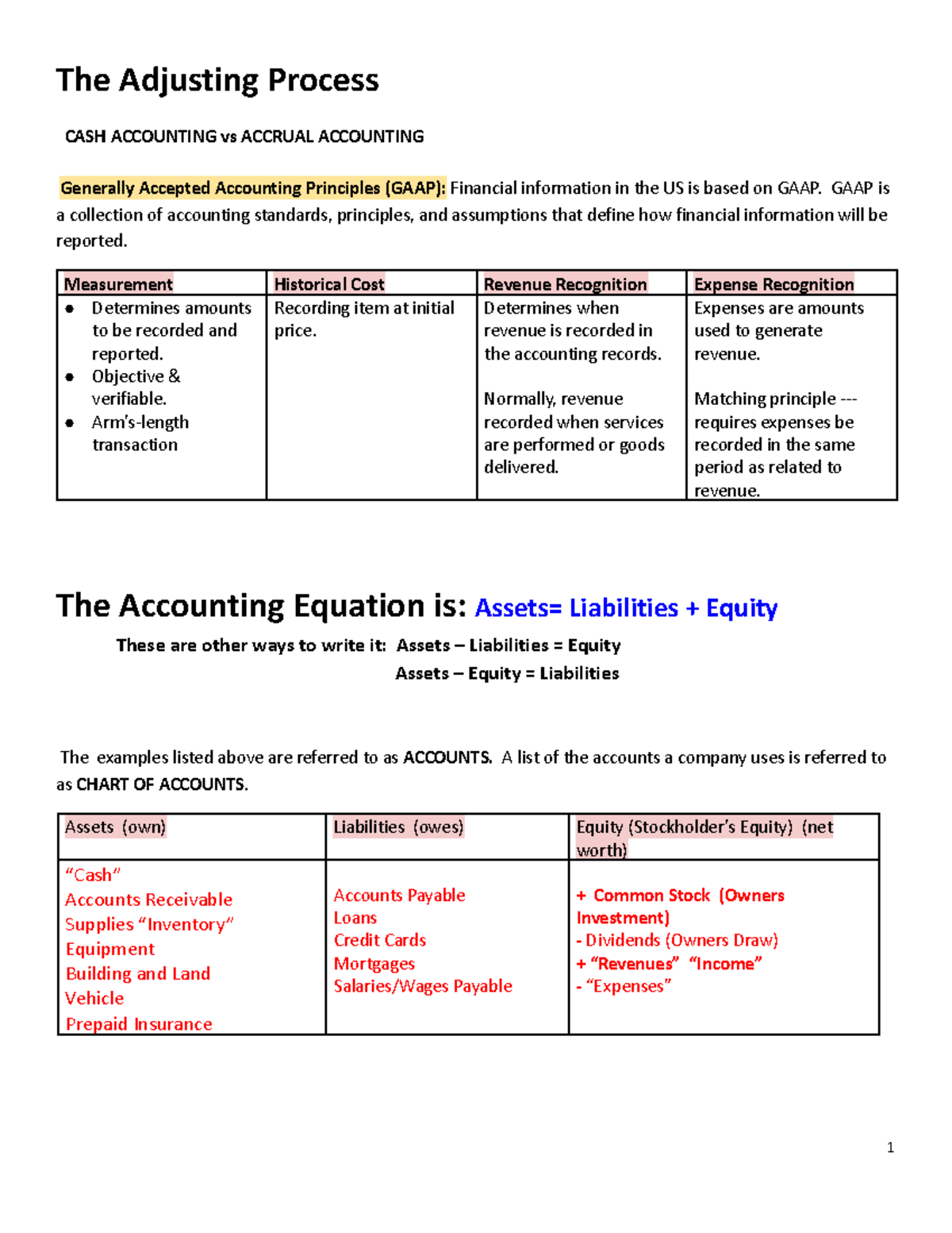 Accounting equation - The Adjusting Process CASH ACCOUNTING vs ACCRUAL ...