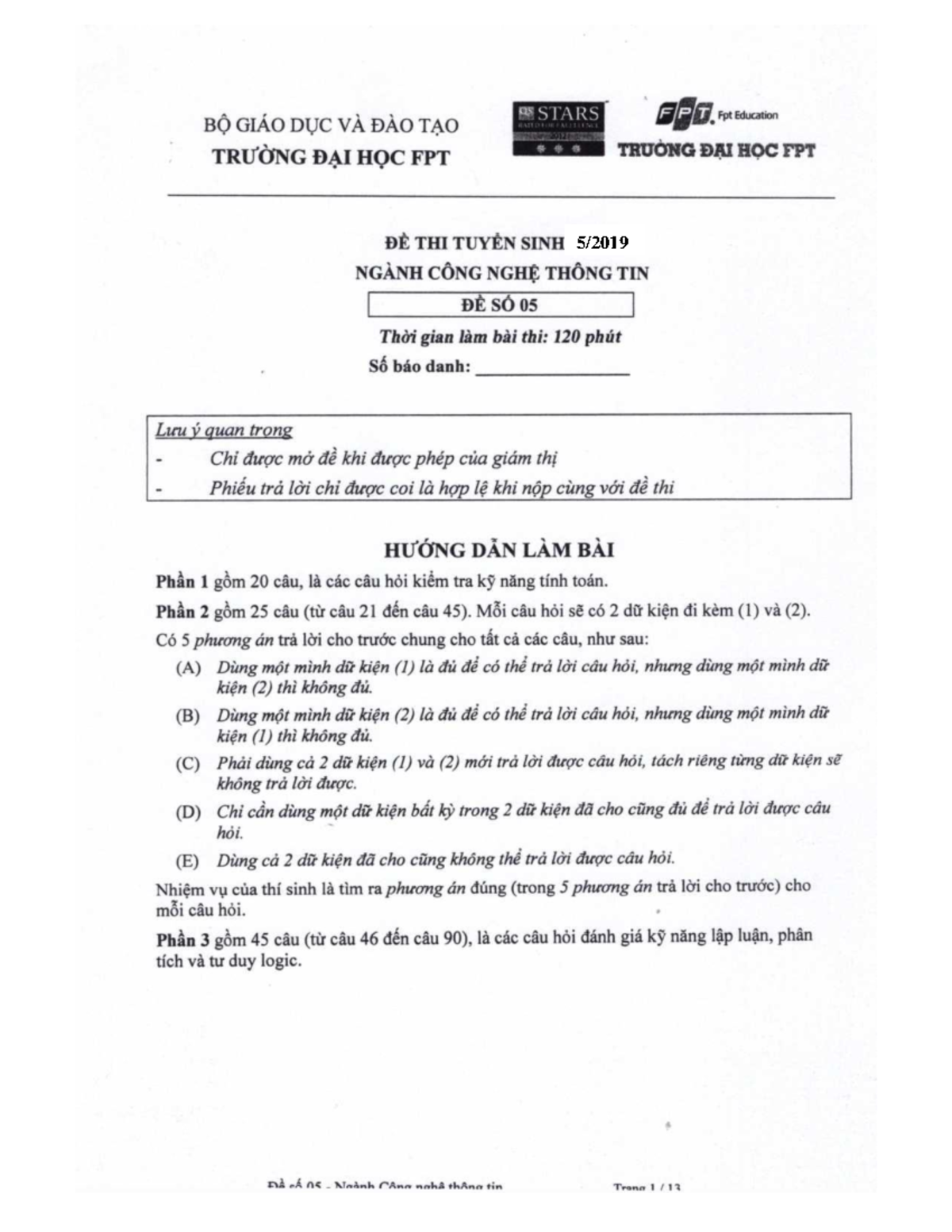 Luyen Thi FPTDe Thi CNTT 2019 - 5/ Đề số 05 - Ng‡nh CÙng nghệ thÙng tin ...