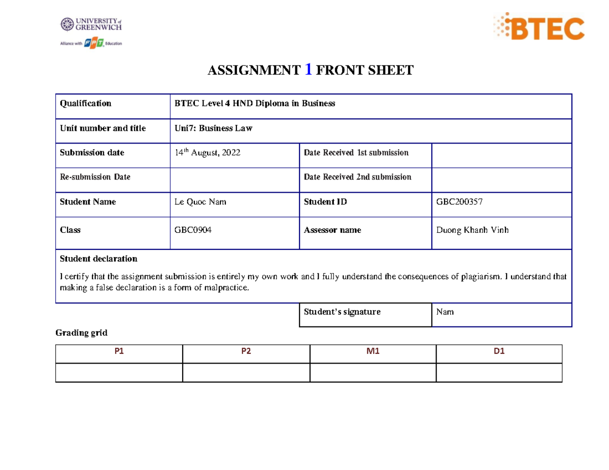 ASM1-736-LE QUOC NAM GBC0904 - ASSIGNMENT 1 FRONT SHEET Qualification BTEC Level 4 HND Diploma ...