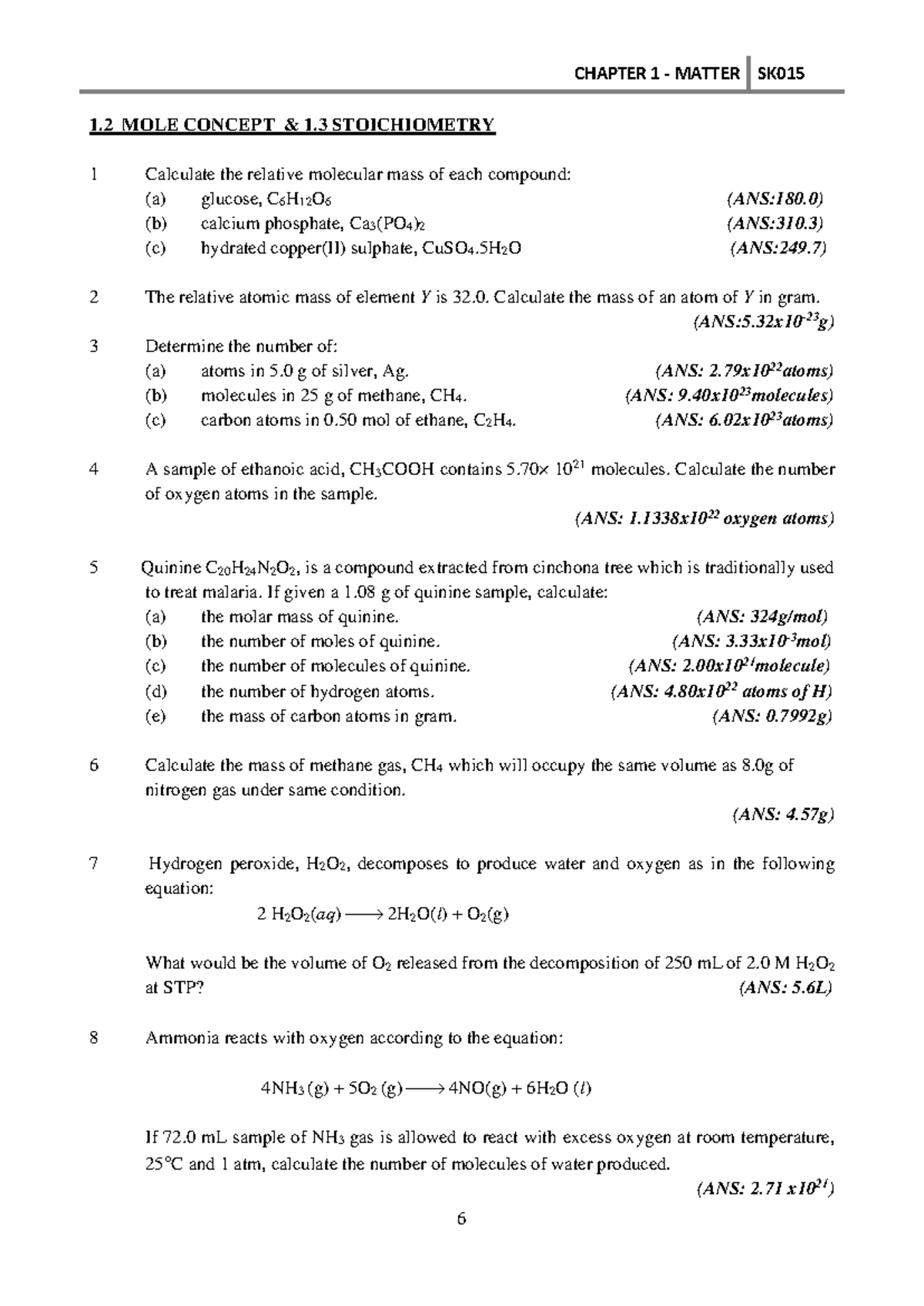 Tutorial 1.2 1.3 MOLE Concept Stochiometry - 1 MOLE CONCEPT & 1 STOICHIOMETRY 1 Calculate the ...