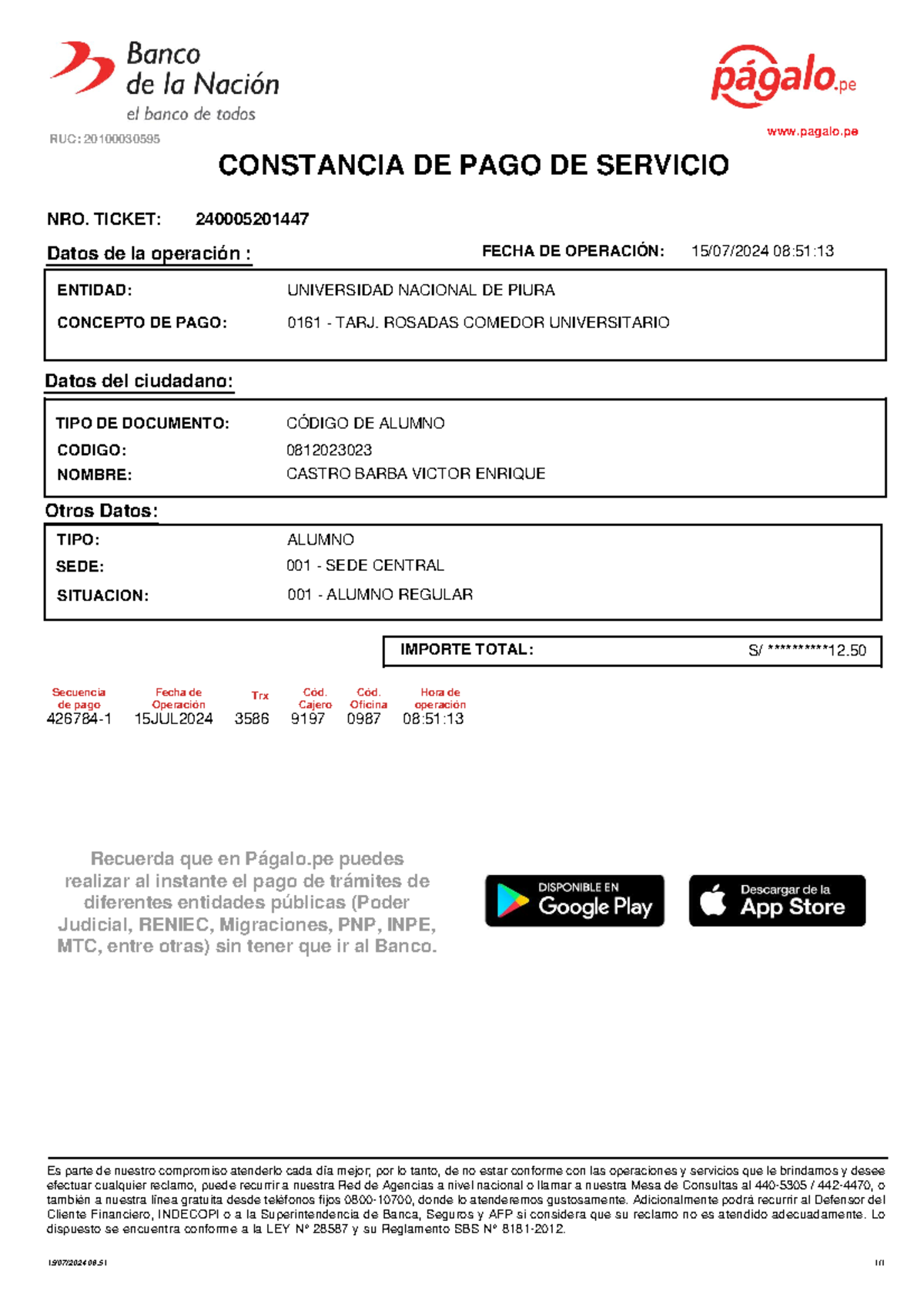 Descargar Constancia Token - CONSTANCIA DE PAGO DE SERVICIO RUC: 20100030595 pagalo FECHA DE ...