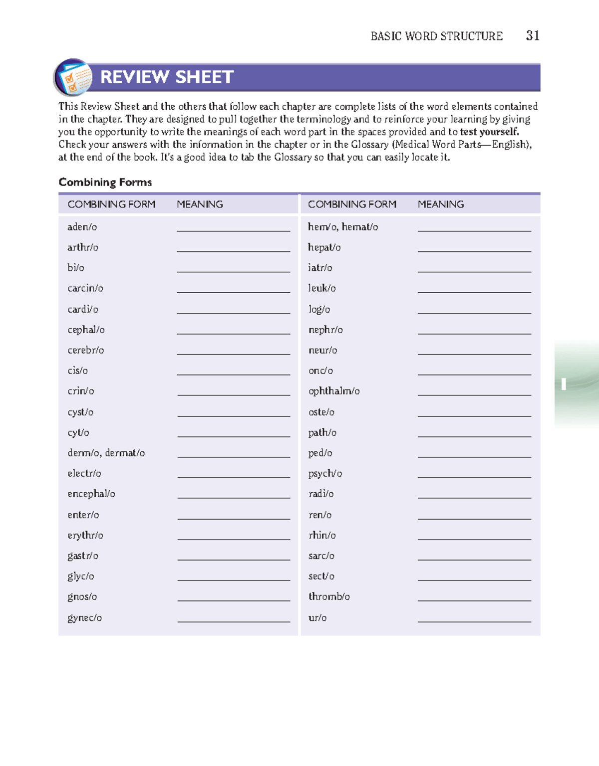 Review Sheet Chapter 1-The Language of Medicine - BASIC WORD STRUCTURE 31 1 REVIEW SHEET This ...