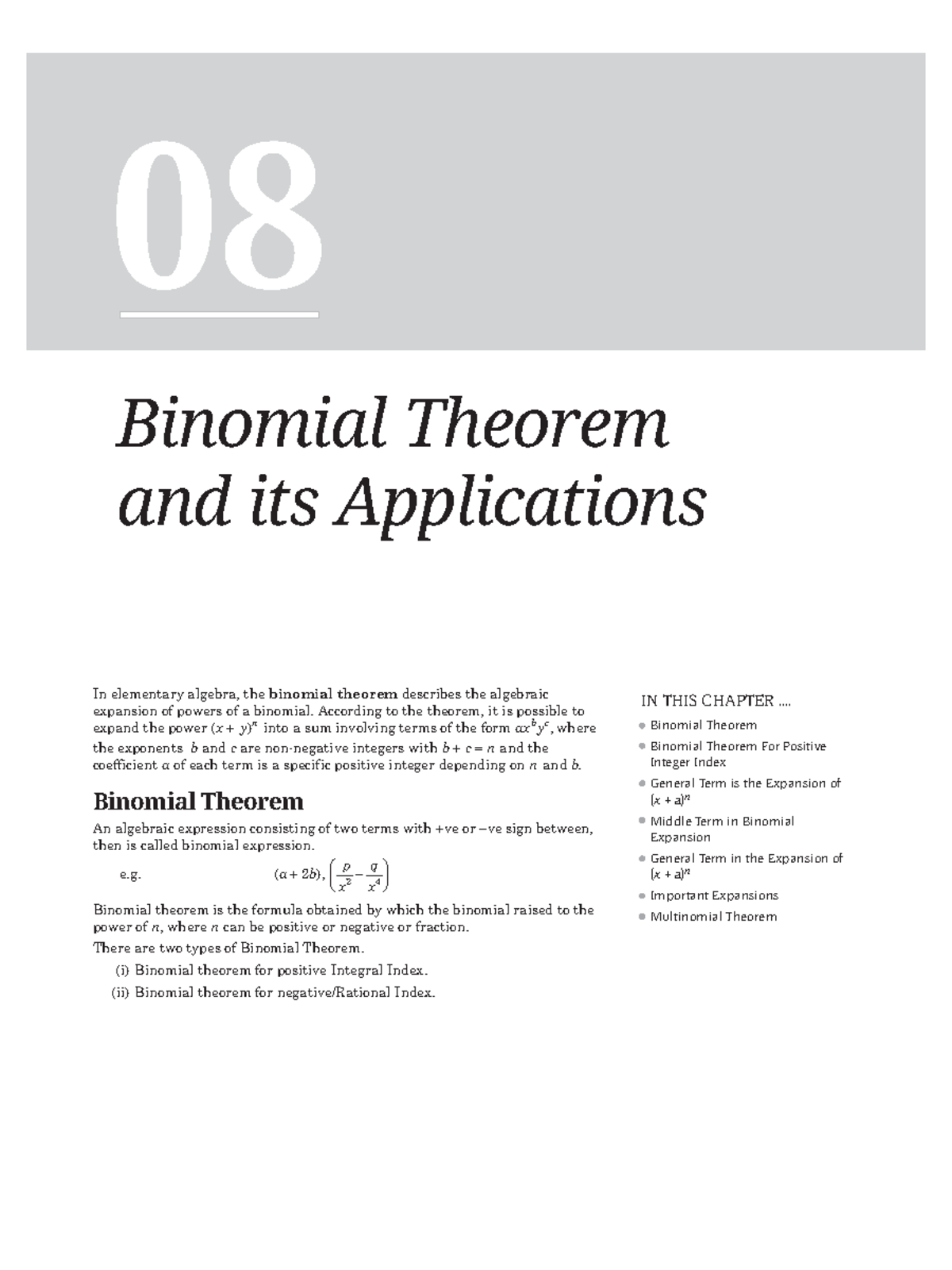 8. Binomial Theorem and its Applications - In elementary algebra, the binomial theorem describes ...