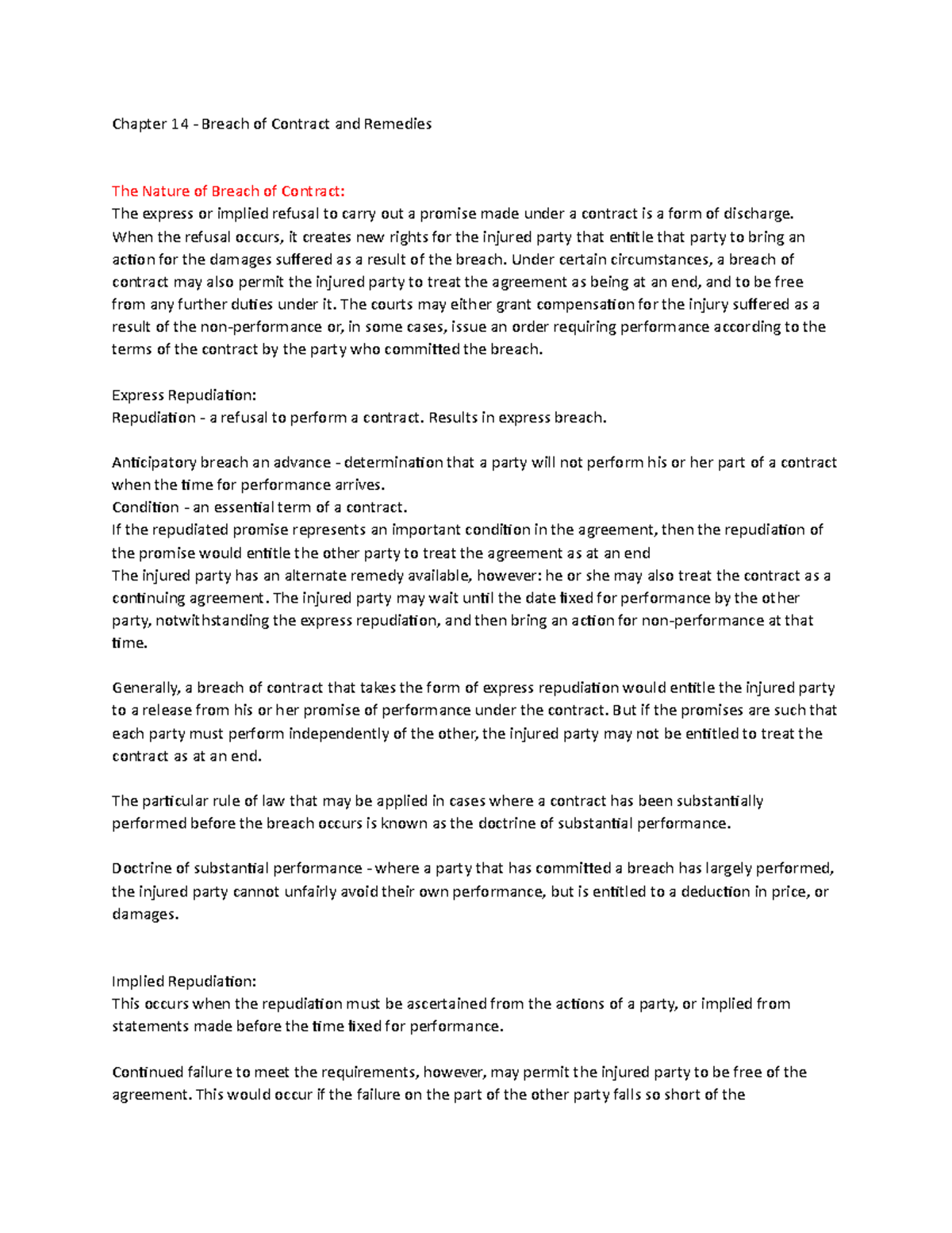 Chapter 14 - Breach of Contract and Remedies - Chapter 14 - Breach of ...