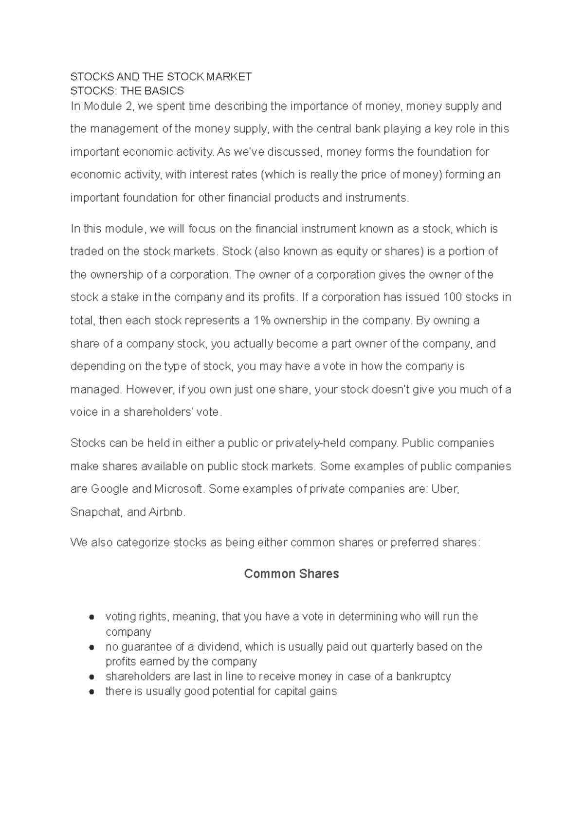 Money Market Module 3 - Lecture notes 3 - STOCKS AND THE STOCK MARKET ...