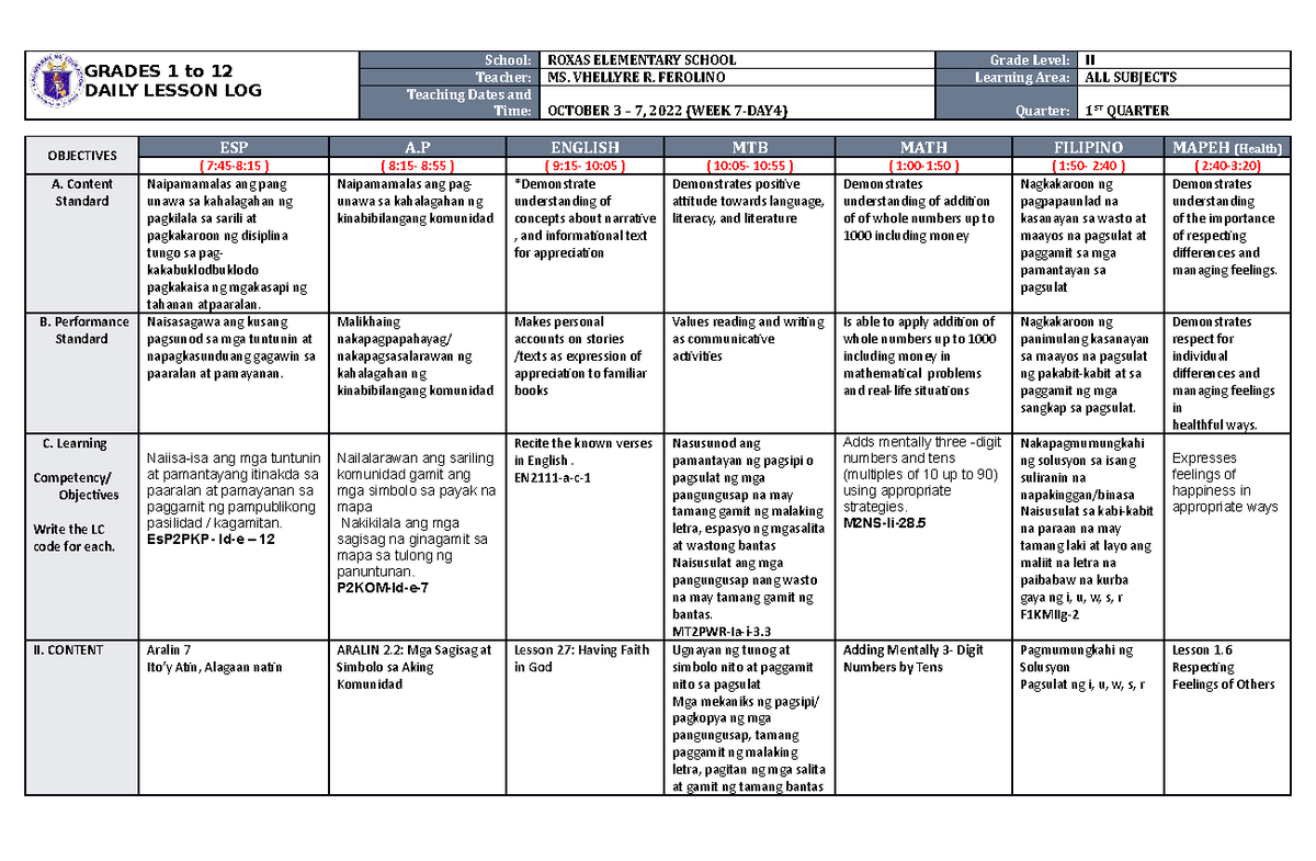 DLL ALL Subjects 2 Q1 W7 D4 - GRADES 1 to 12 DAILY LESSON LOG School: ROXAS ELEMENTARY SCHOOL ...