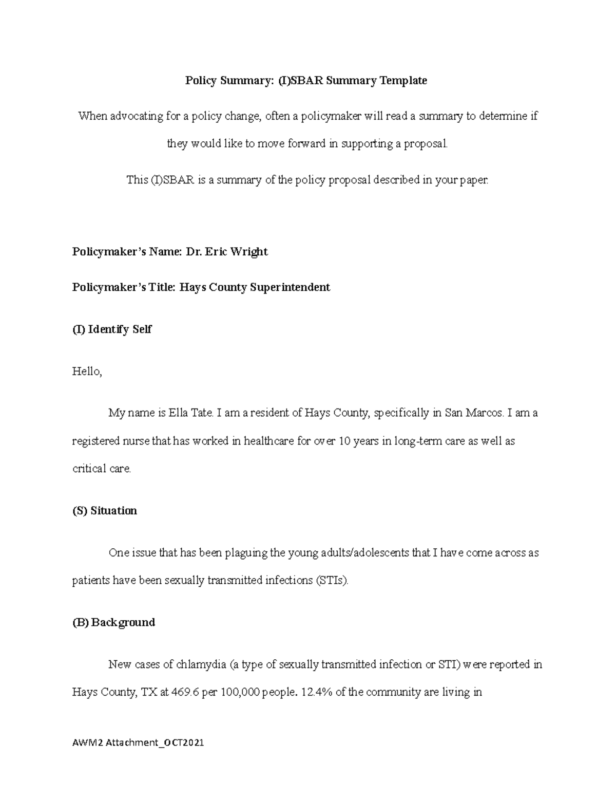SBAR Summary - Policy Summary: (I)SBAR Summary Template When advocating ...
