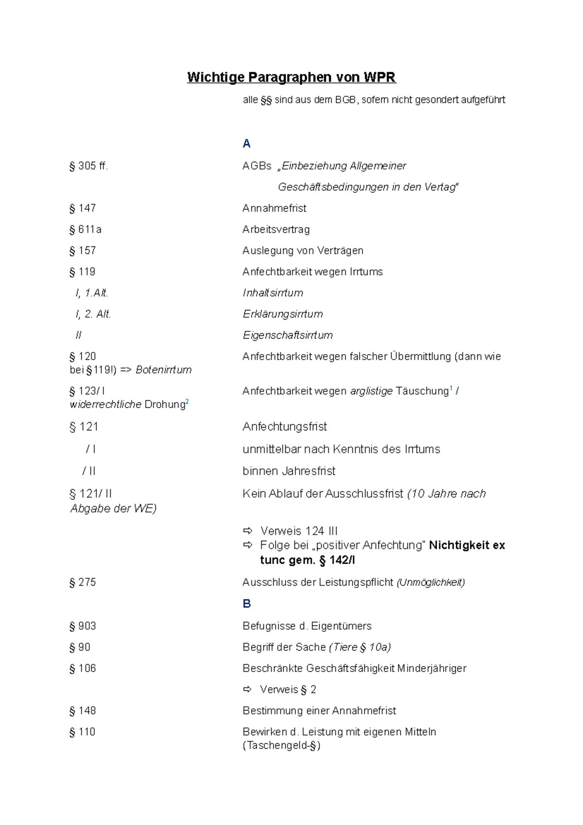 Wichtige Paragraphen von WPR alphabetisch - Wichtige Paragraphen von ...