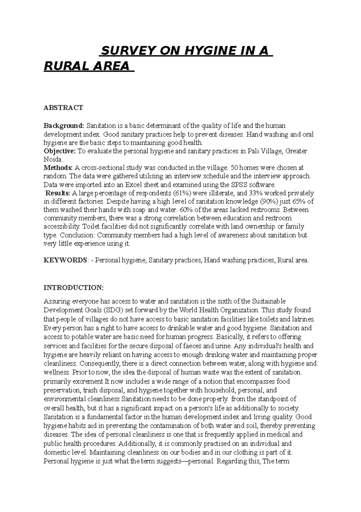 Survey ON Hygine IN A Rural AREA - SURVEY ON HYGINE IN A RURAL AREA ...