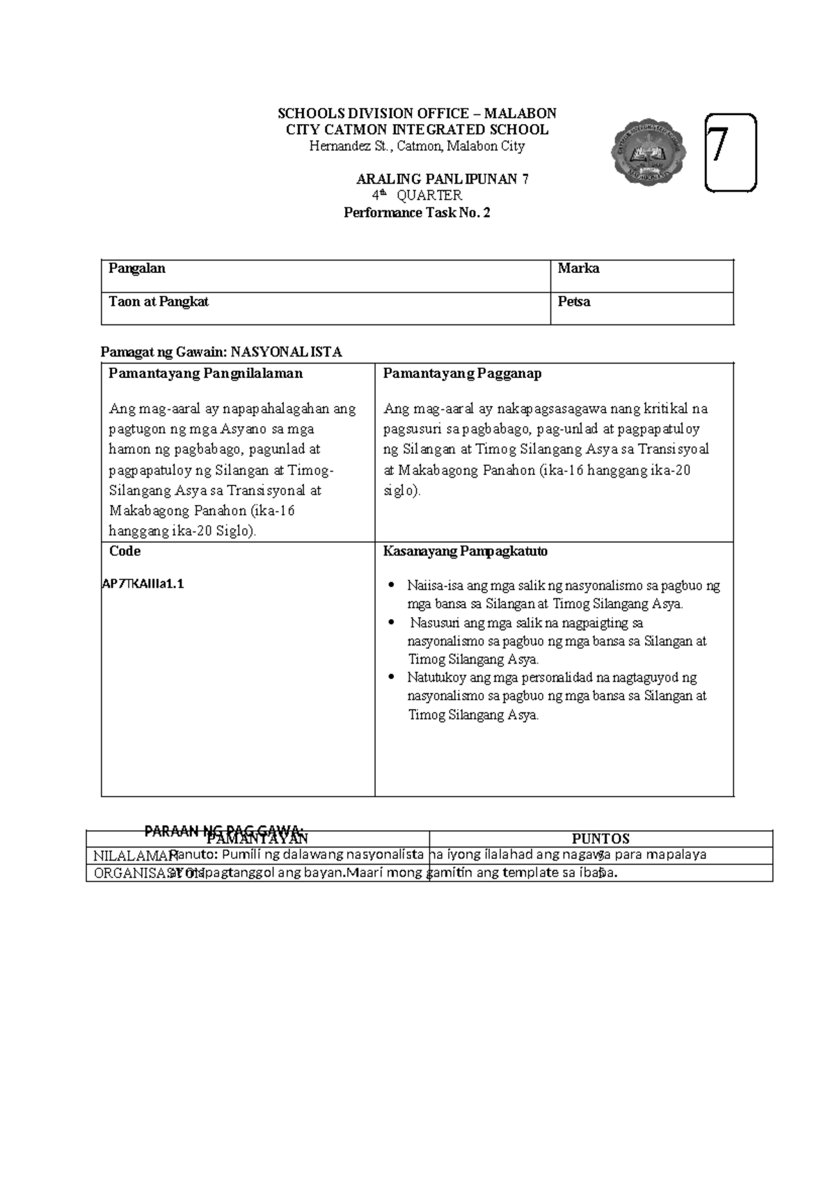 4th grading Performance-TASK- No. 2 - AP7 - PARAAN NG PAG GAWA: Panuto: Pumili ng dalawang - Studocu