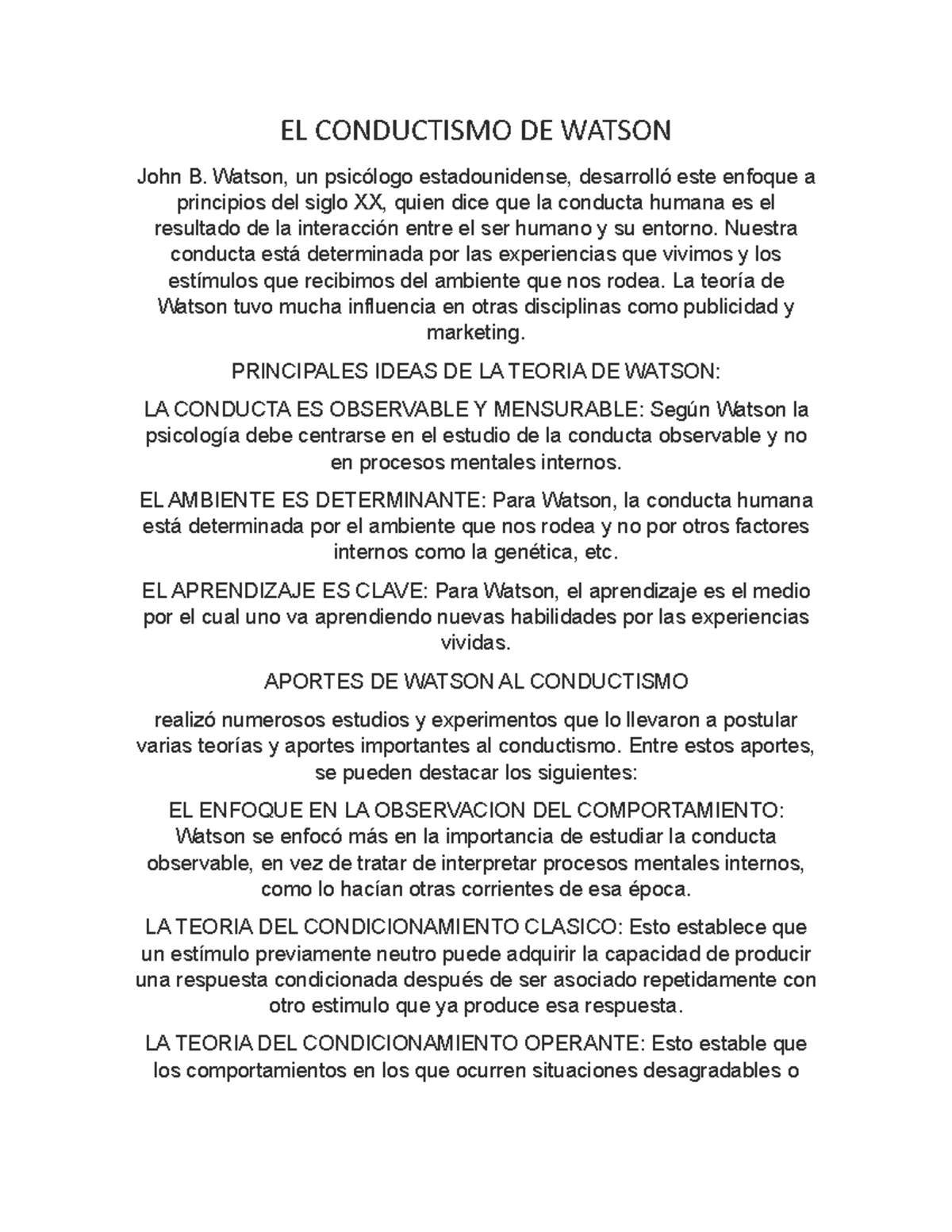 EL Conductismo DE Watson - EL CONDUCTISMO DE WATSON John B. Watson, un ...