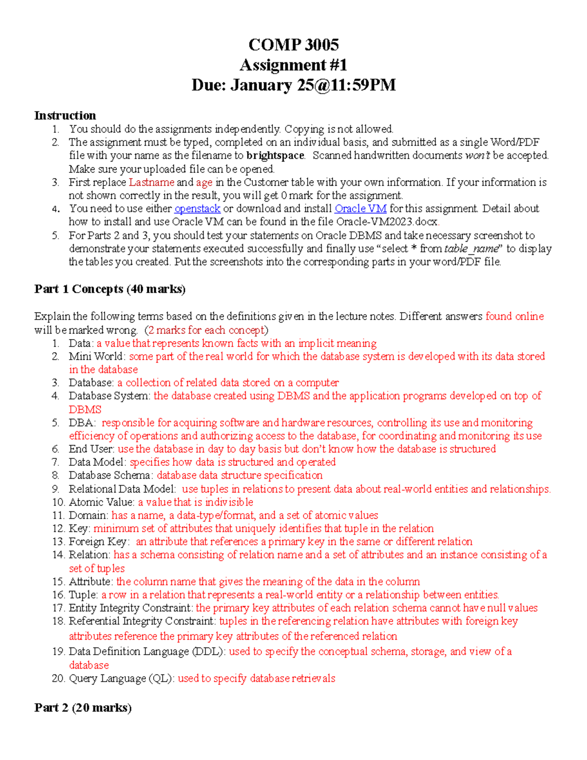 23W-AS1 solution - COMP 3005 Assignment Due: January 25@11:59PM ...