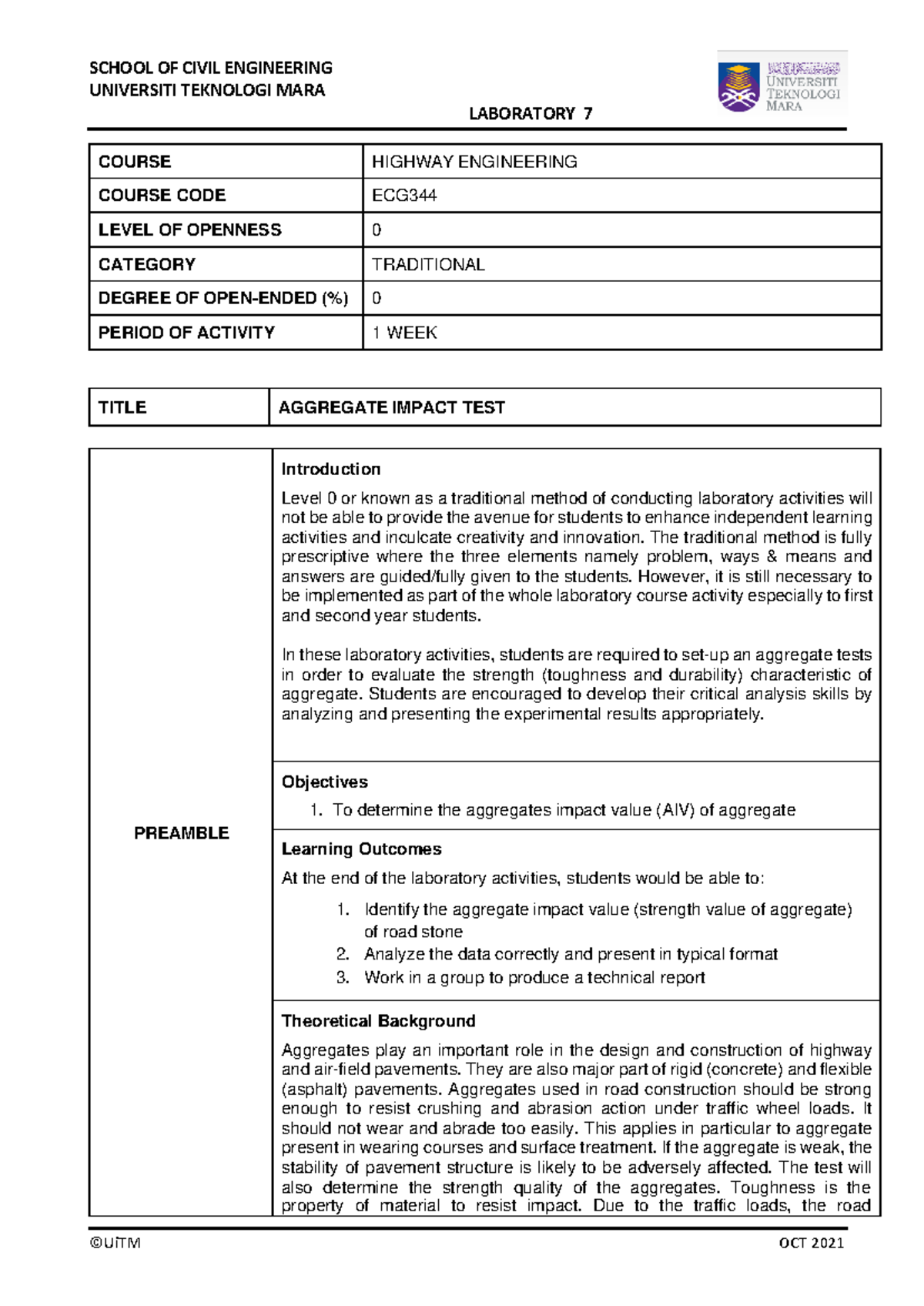 LAB Report Aggregate Impact TEST - UNIVERSITI TEKNOLOGI MARA LABORATORY ...