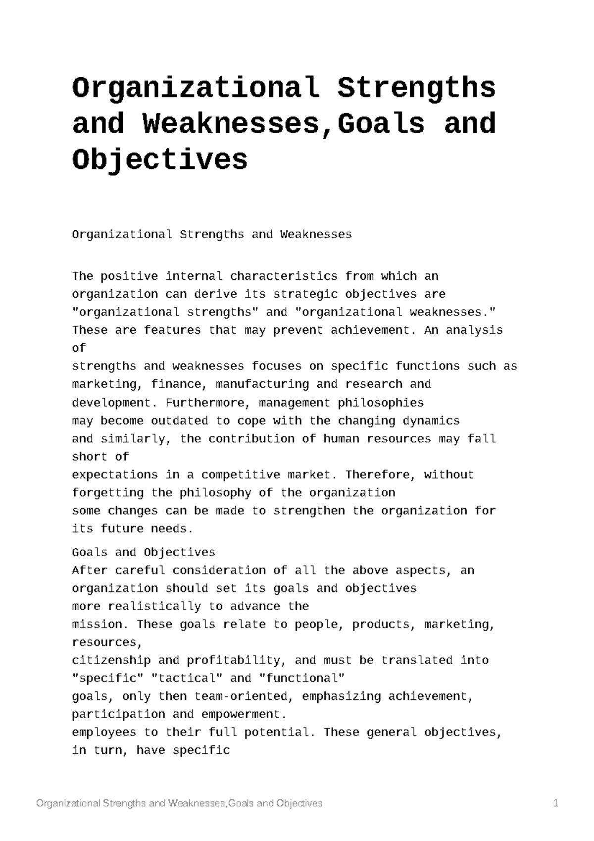 Organizational Strengths and Weaknesses Goals and Objectives ...
