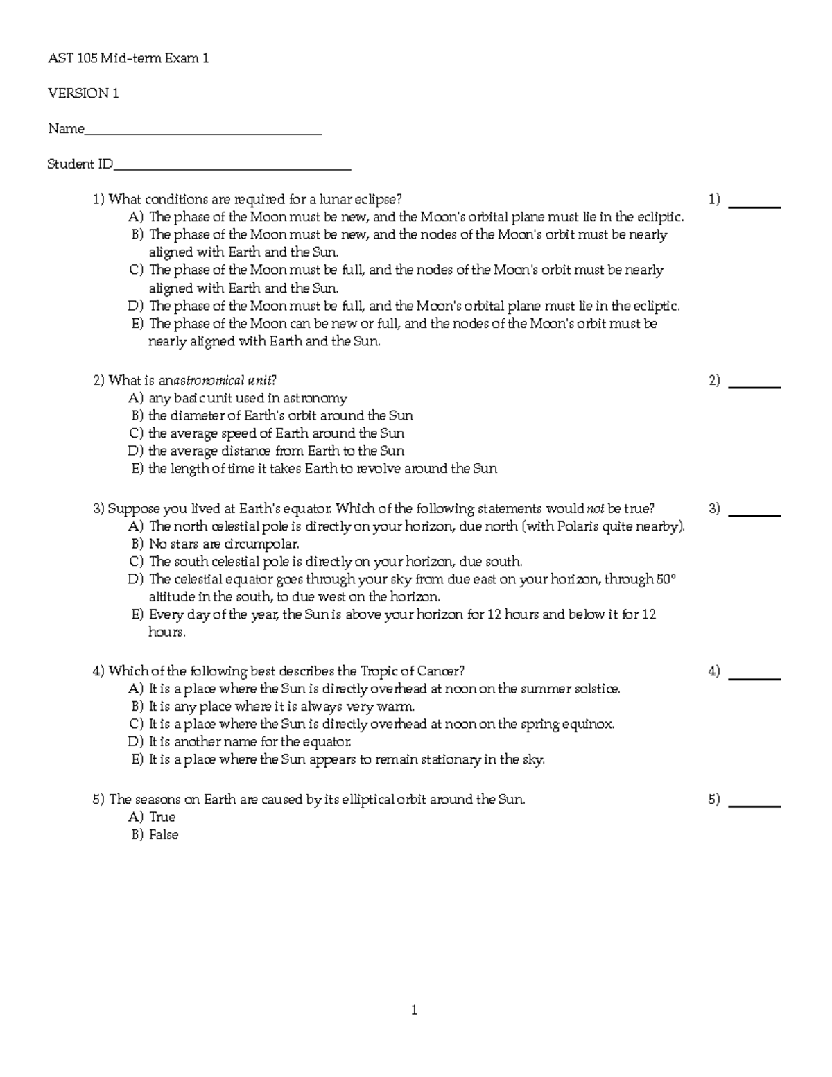 Exam1-1 - intro to astronomy - AST 105 Mid-term Exam 1 – October 4 ...