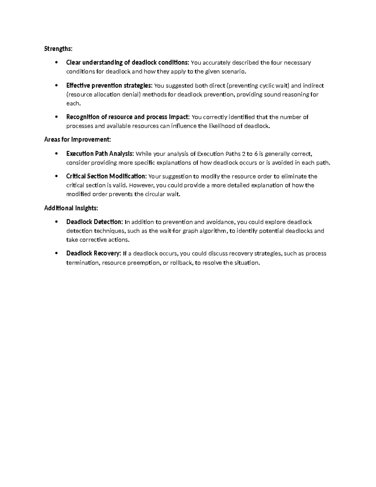 Concurrency and Deadlocks (Midterm) - Strengths: Clear understanding of ...