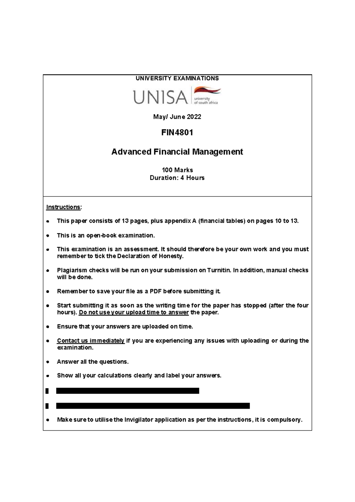 FIN4801 May June 2022 - UNIVERSITY EXAMINATIONS May/ June 2022 FIN Advanced Financial Management ...