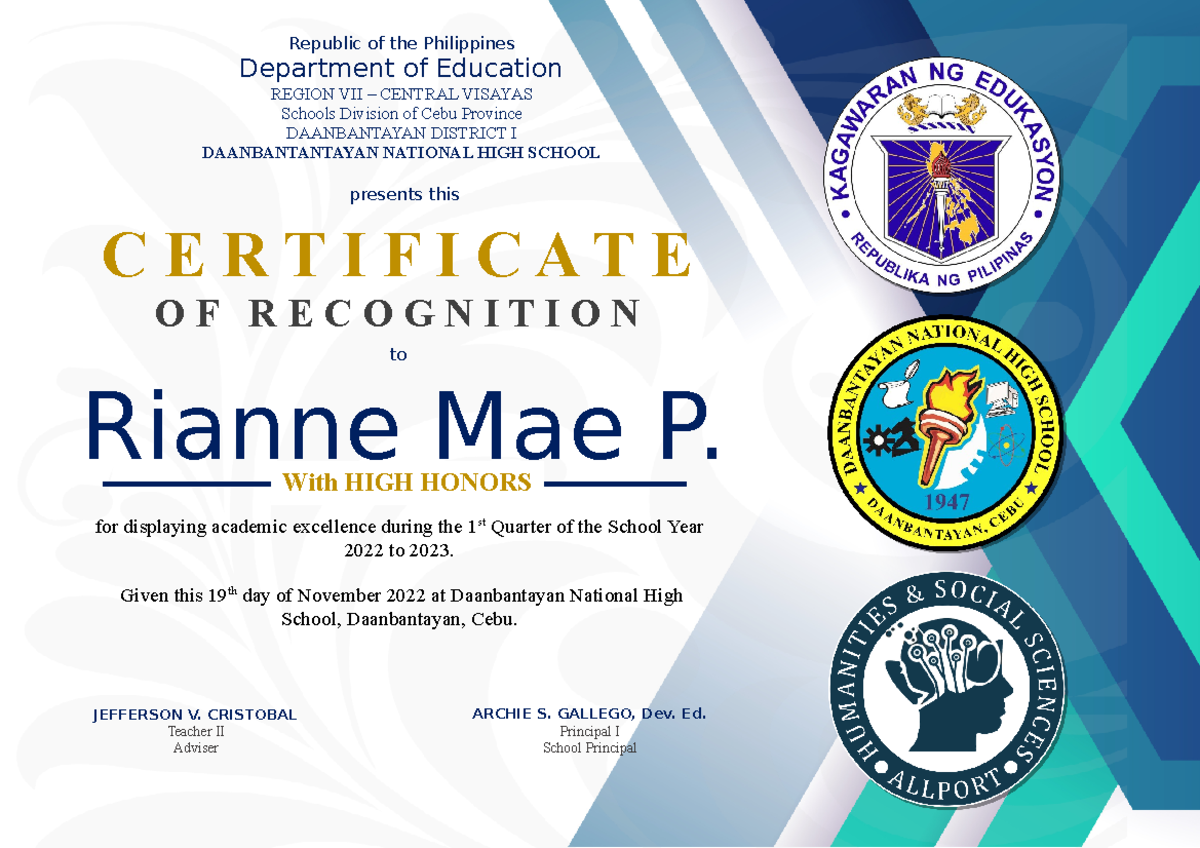 Certificate of merit - ARCHIE S. GALLEGO, Dev. Ed. Principal I ...