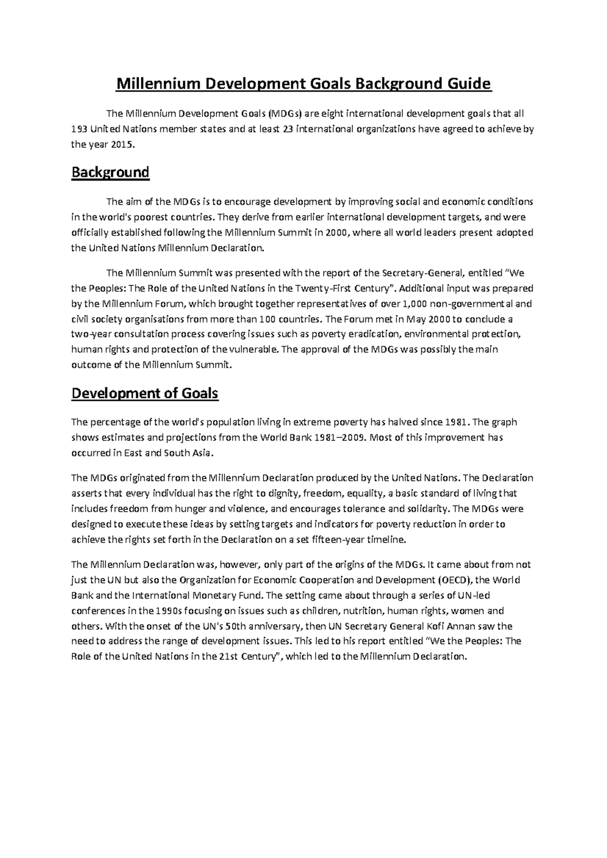 MDG - Millennium Development Goals Background Guide The Millennium ...