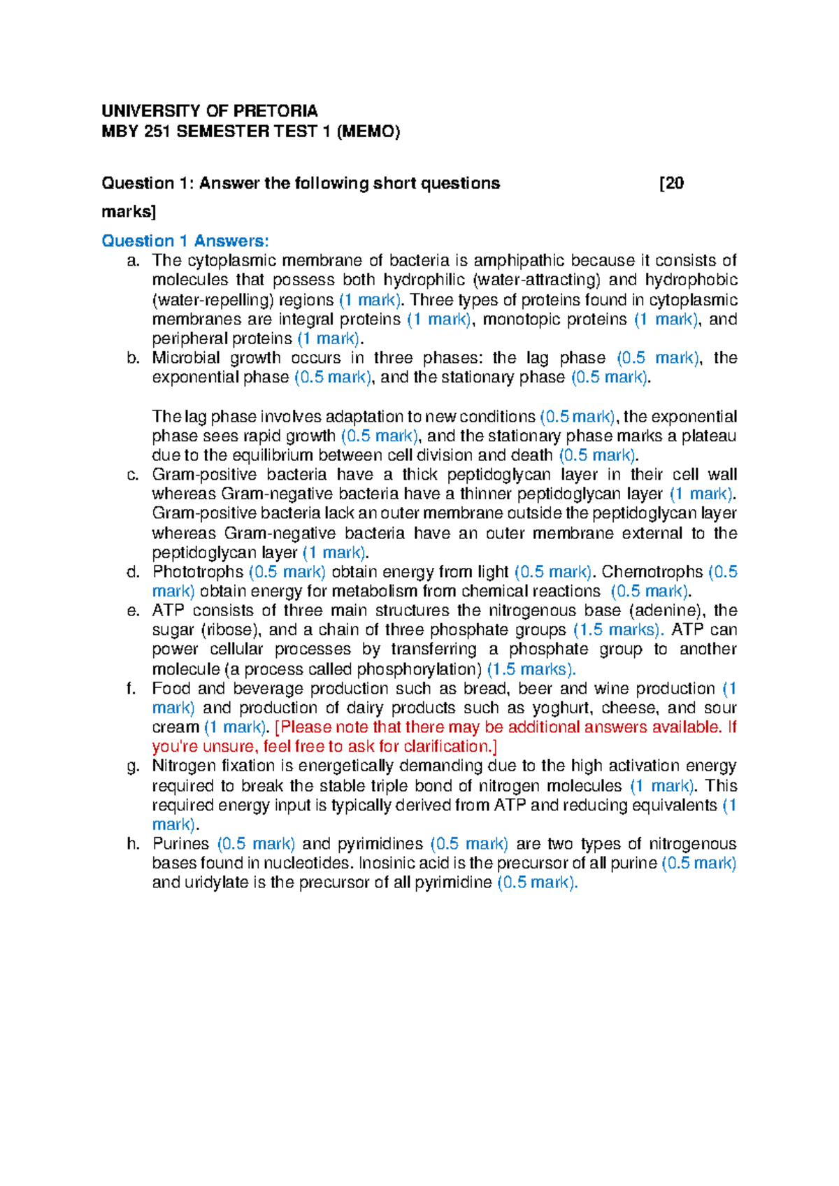 Semester test 1 memo - UNIVERSITY OF PRETORIA MBY 251 SEMESTER TEST 1 ...