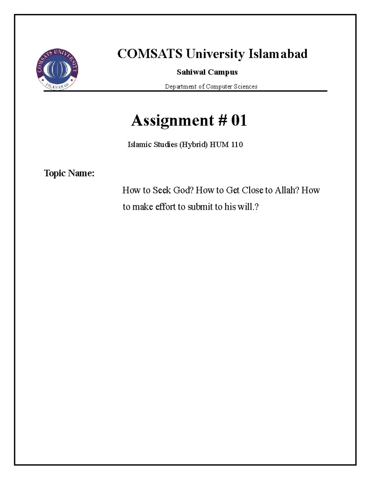 Isl assignment 1 R#110 - ... - COMSATS University Islamabad Sahiwal Campus Department of ...