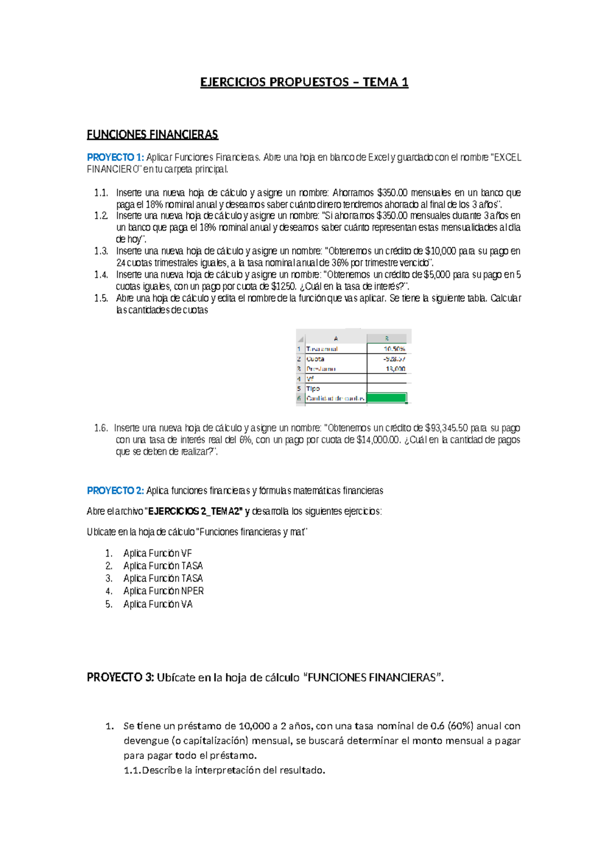 Ejercicios Propuestos - EJERCICIOS PROPUESTOS – TEMA 1 FUNCIONES FINANCIERAS PROYECTO 1: Aplicar ...
