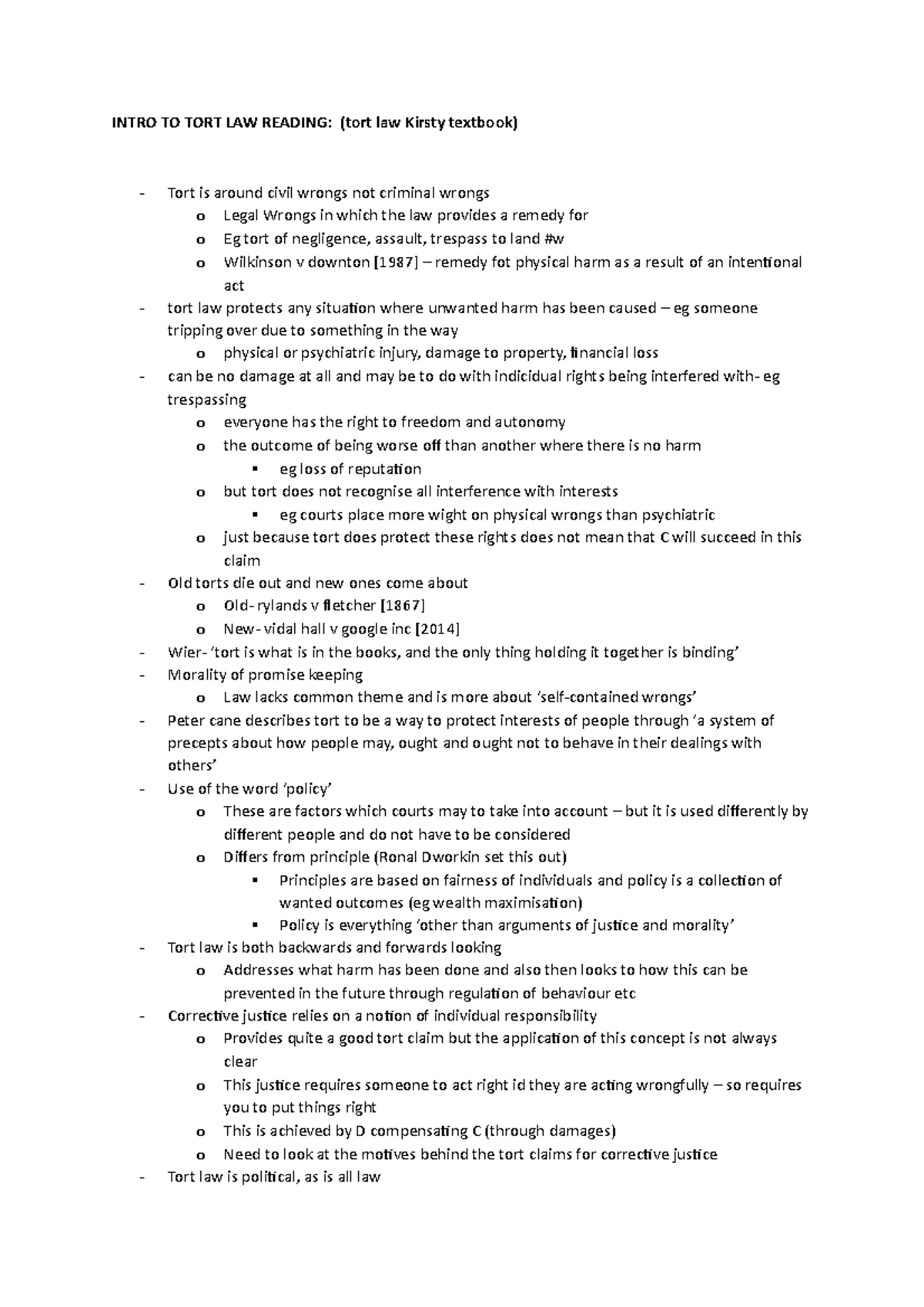 1. Intro TO TORT LAW Reading - INTRO TO TORT LAW READING: (tort law ...