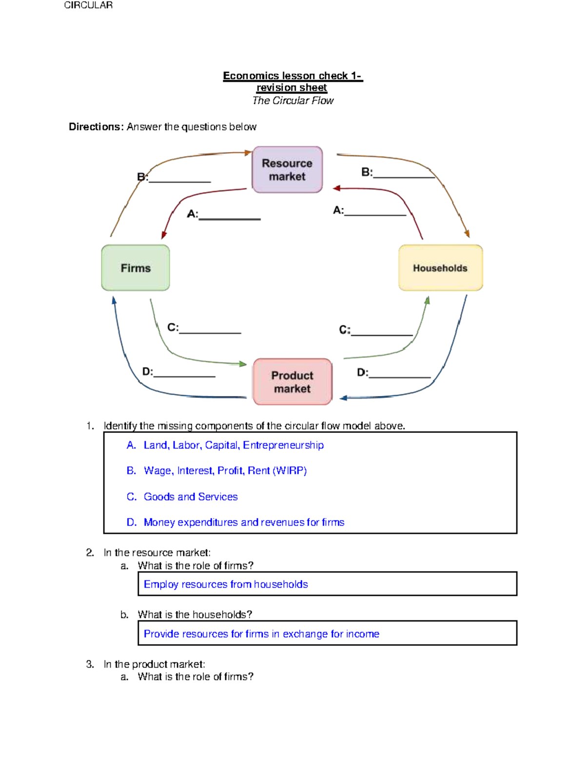 Circular flow of income Lesson check(revision sheet) - CIRCULAR ...