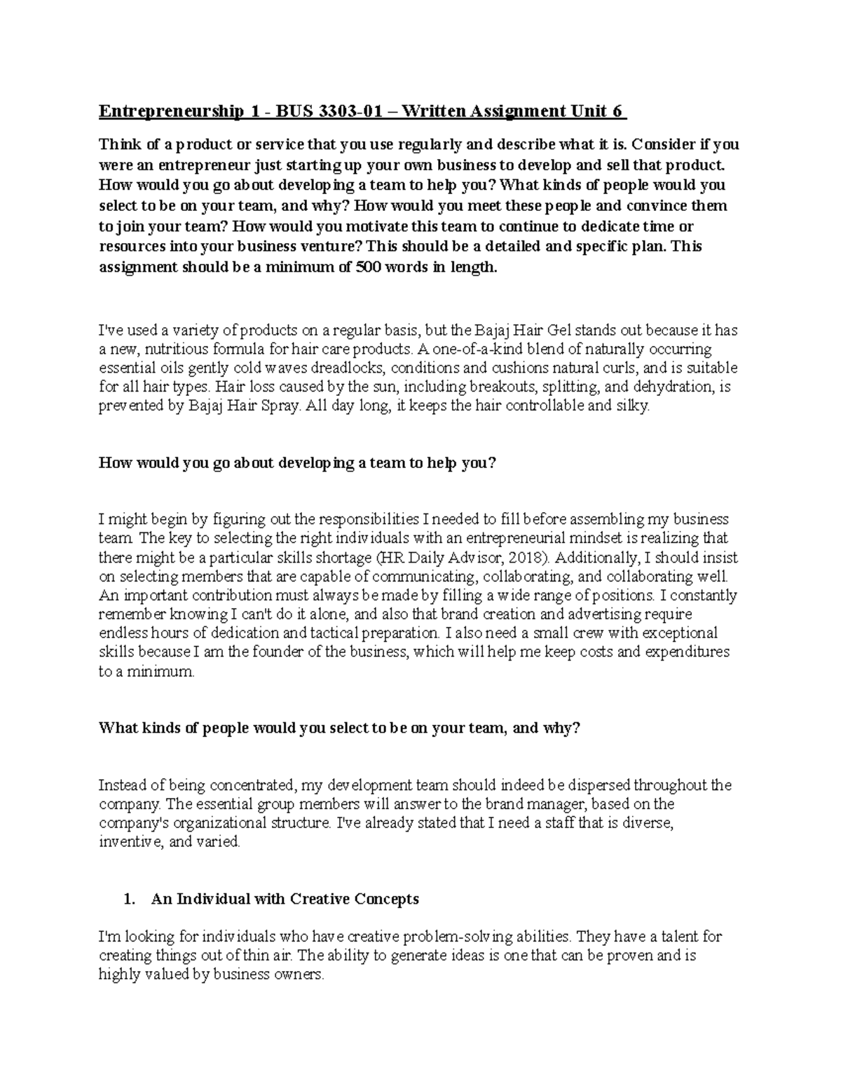 Entrepreneurship 1 - BUS 3303-01 – Written Assignment Unit 6 - Entrepreneurship 1 - BUS 3303-01 ...