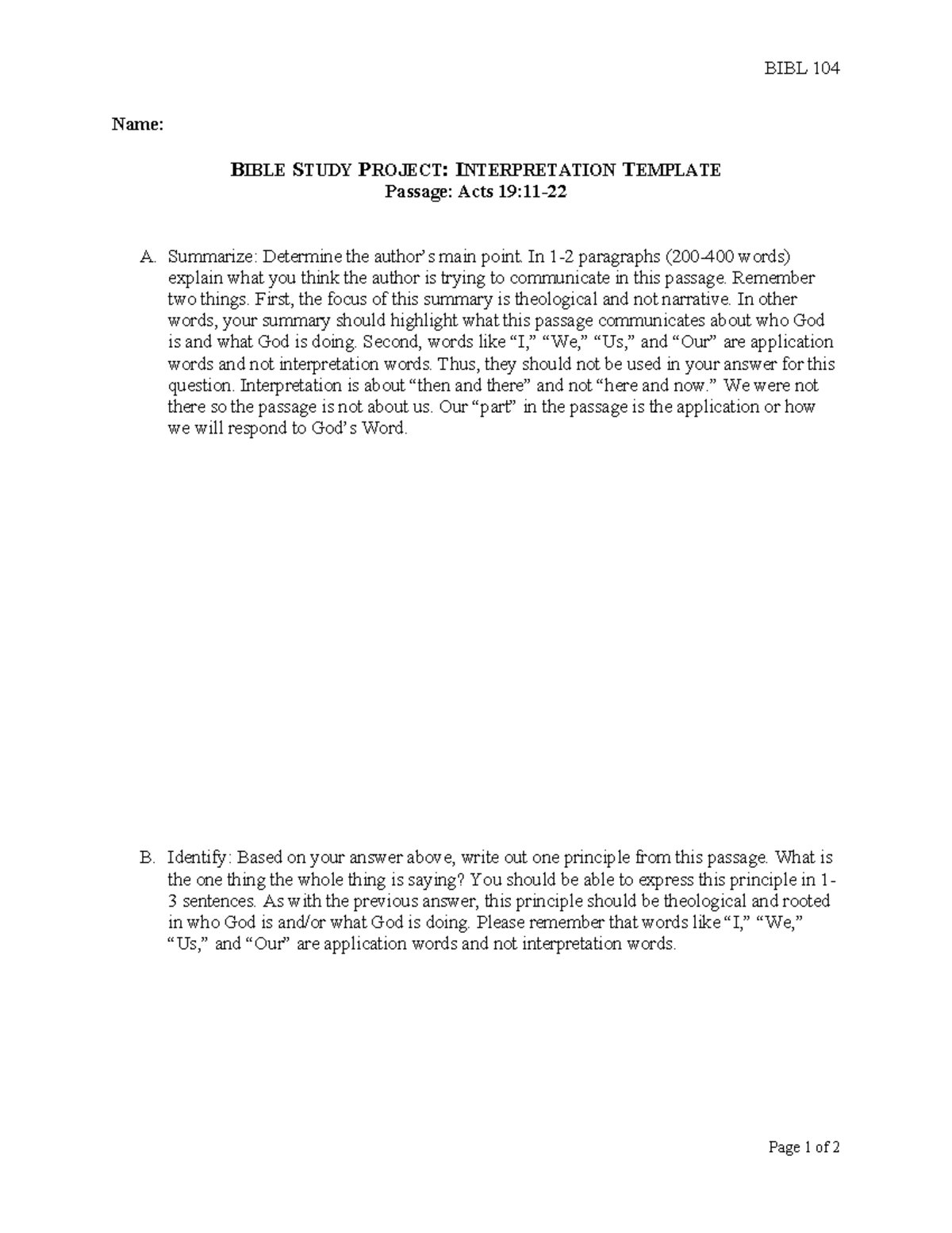 Bible Study Project Interpretation Template - BIBL 104 Name: BIBLE ...