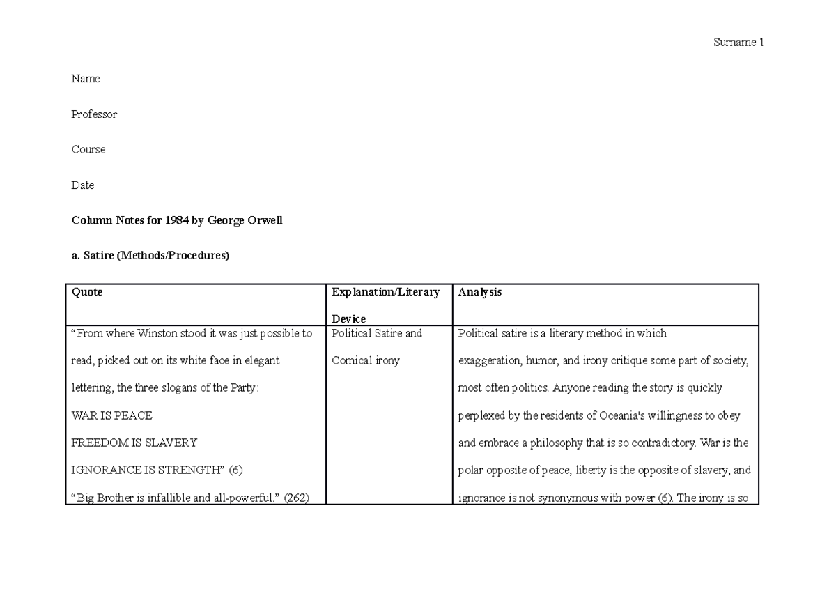 3. Column Notes for 1984 by George Orwell - Name Professor Course Date ...