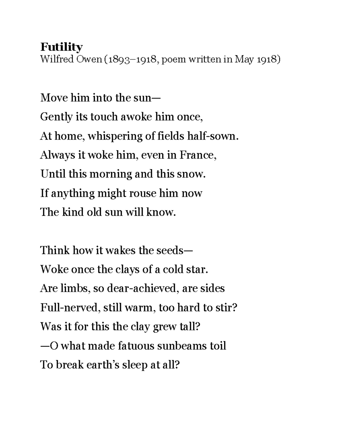 Owen-Futility-1l9g4e0 - Futility Wilfred Owen (1893–1918, poem written ...