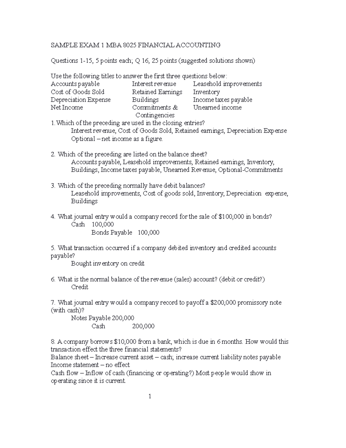 GSU mba 8025 sample first exam - SAMPLE EXAM 1 MBA 8025 FINANCIAL ...