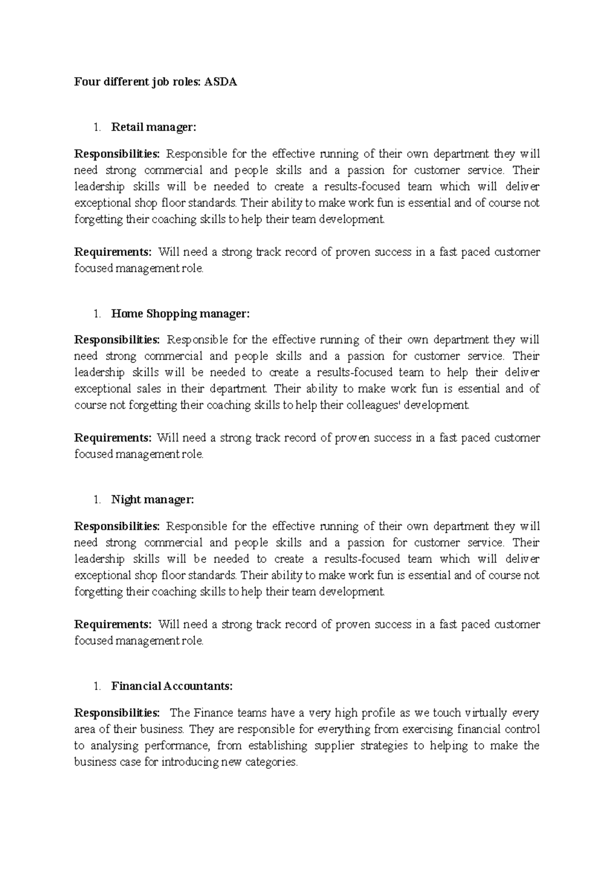 Introudction to HRM - Four different job roles: ASDA Retail manager ...
