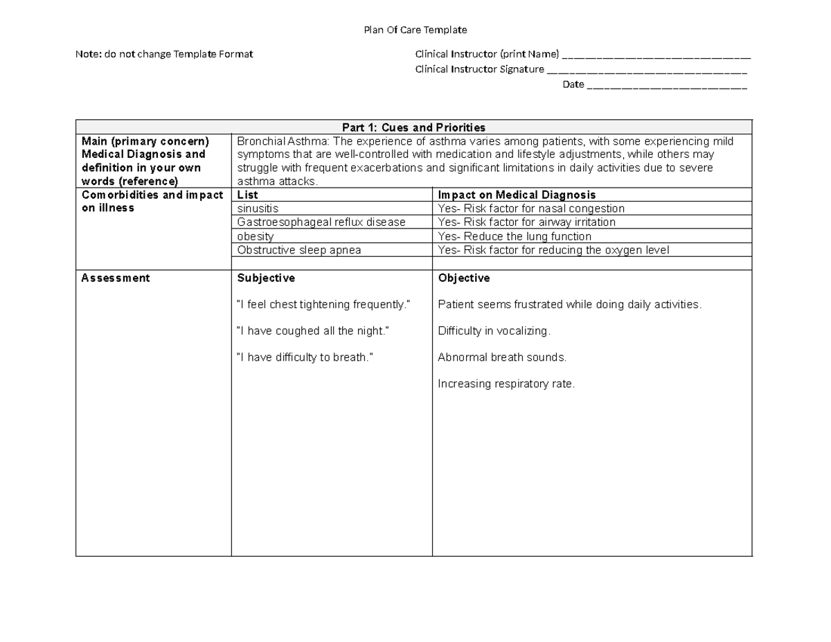 Care plan template PND 2nd Semester - Note: do not change Template ...
