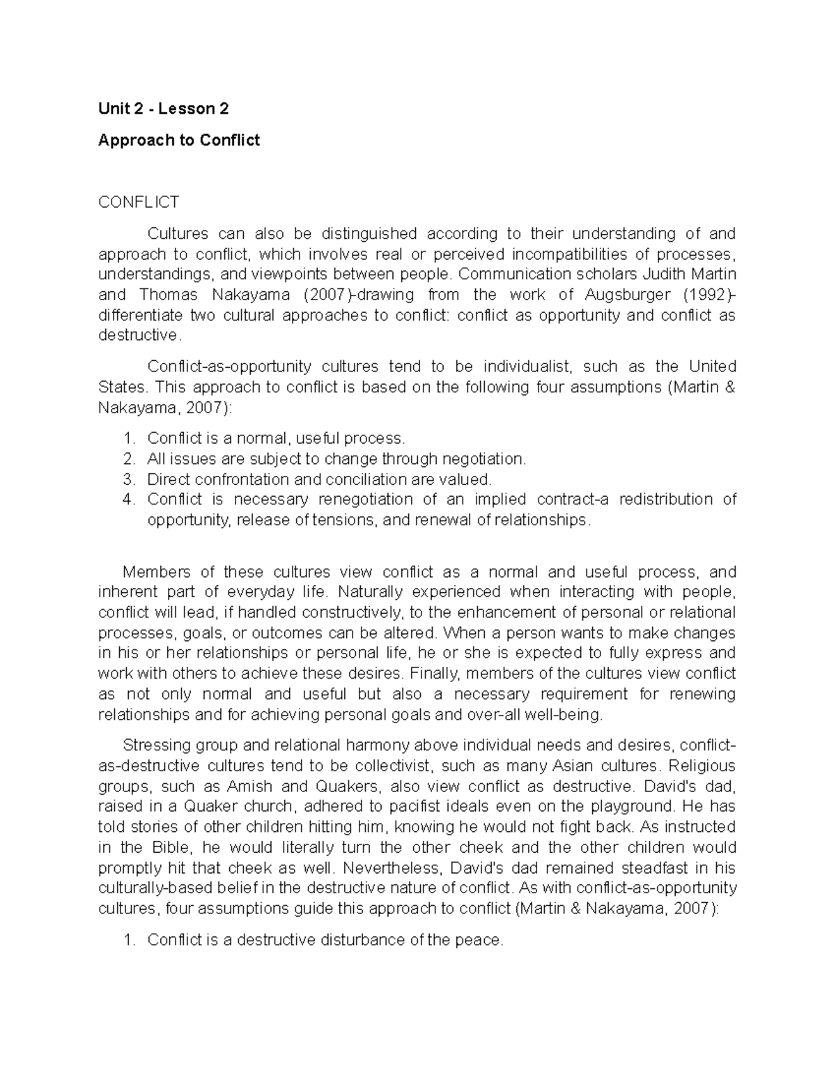 Approach to Conflict - Unit 2 - Lesson 2 Approach to Conflict CONFLICT ...