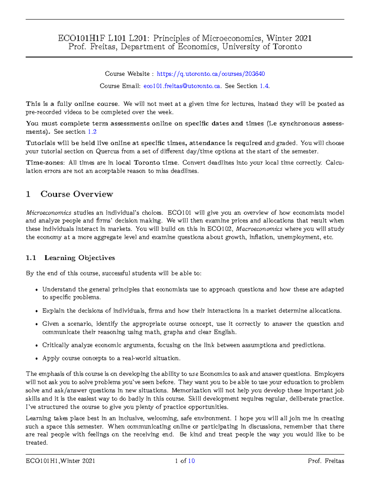 ECO101 Winter Syllabus - ECO101H1F L101 L201: Principles of Microeconomics, Winter 2021 Prof ...
