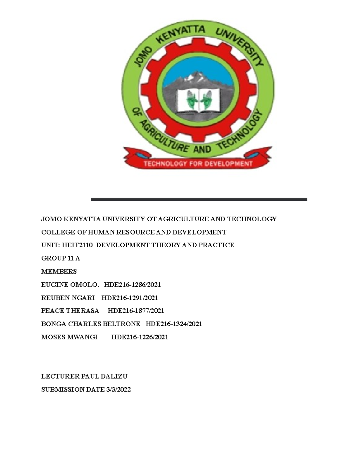 Sdgs assignment - JOMO KENYATTA UNIVERSITY OT AGRICULTURE AND ...